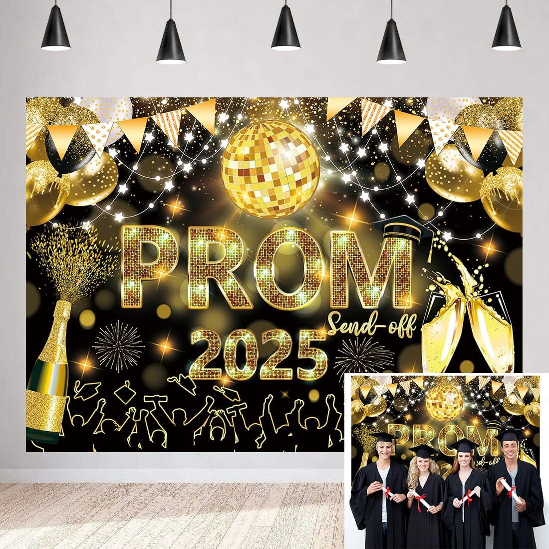 2025 Graduation Prom Backdrop Celebration Graduation Black Gold Glitter ...