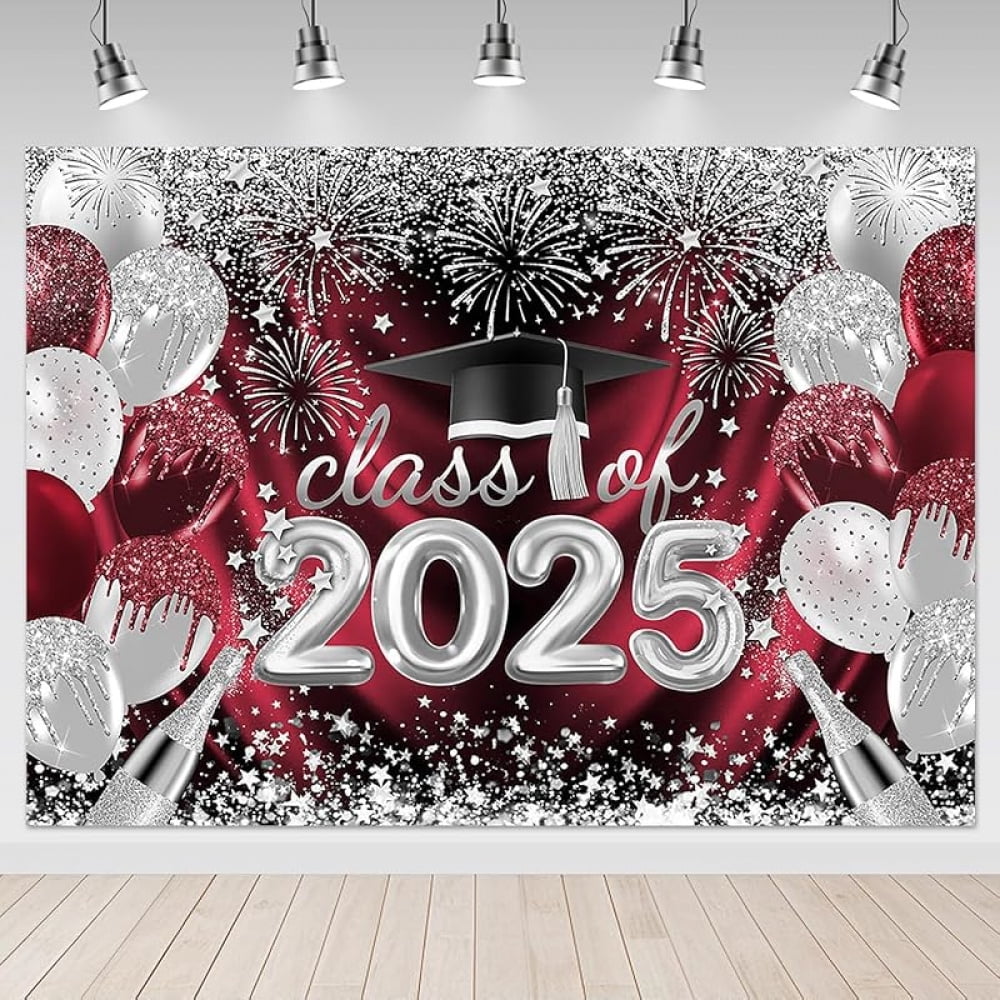 2025 Graduation Red Silver Backdrop 7x5ft Congrats Grad Graduate Maroon ...