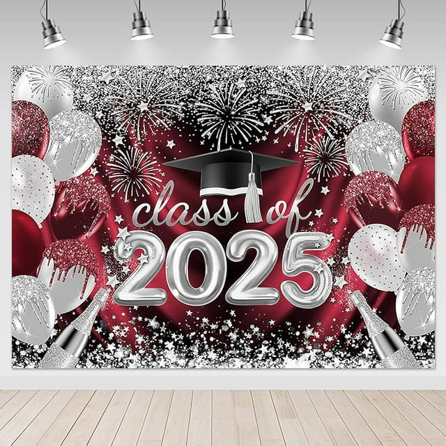 2025 Graduation Red Silver Backdrop 7x5ft Congrats Grad Graduate Maroon ...