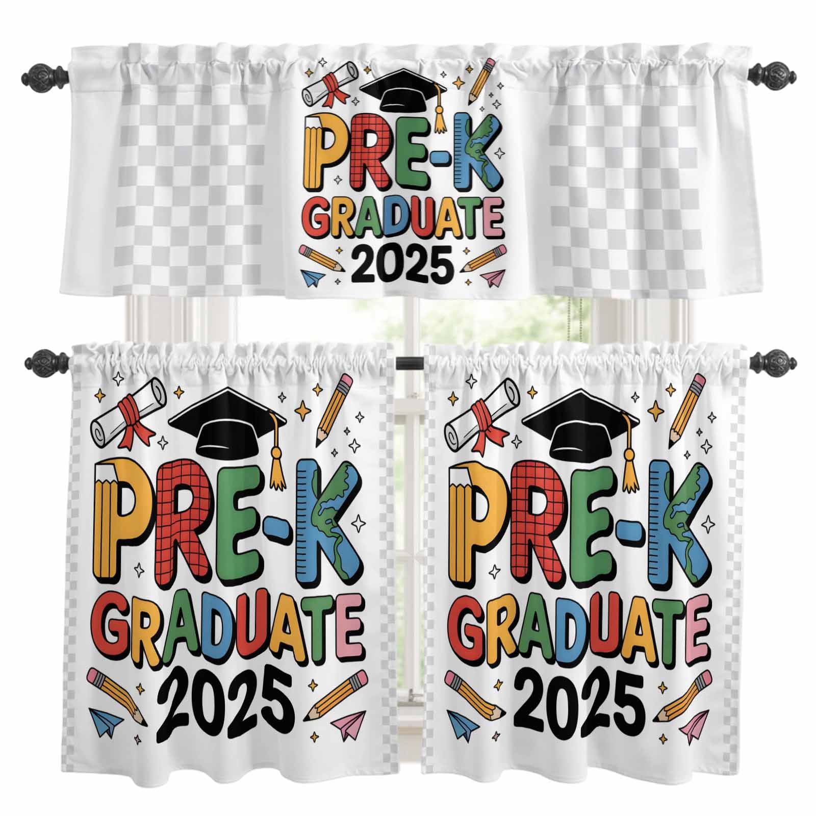 2025 Graduation Season Hat Kitchen Curtains Valances and Tiers Set of 3 ...