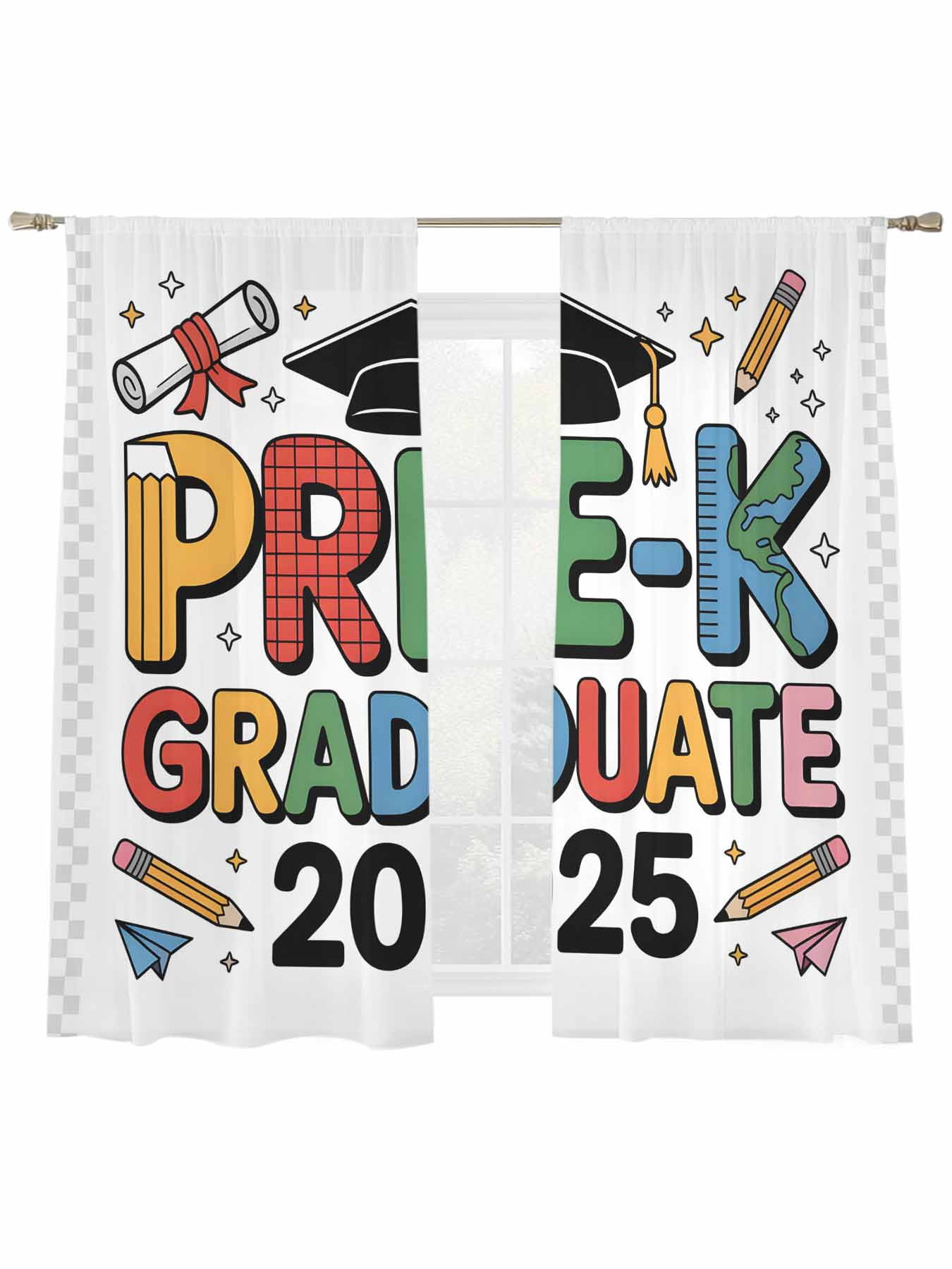 2025 Graduation Season Hat Sheer Curtains 2 Panels Set Certificate Of ...