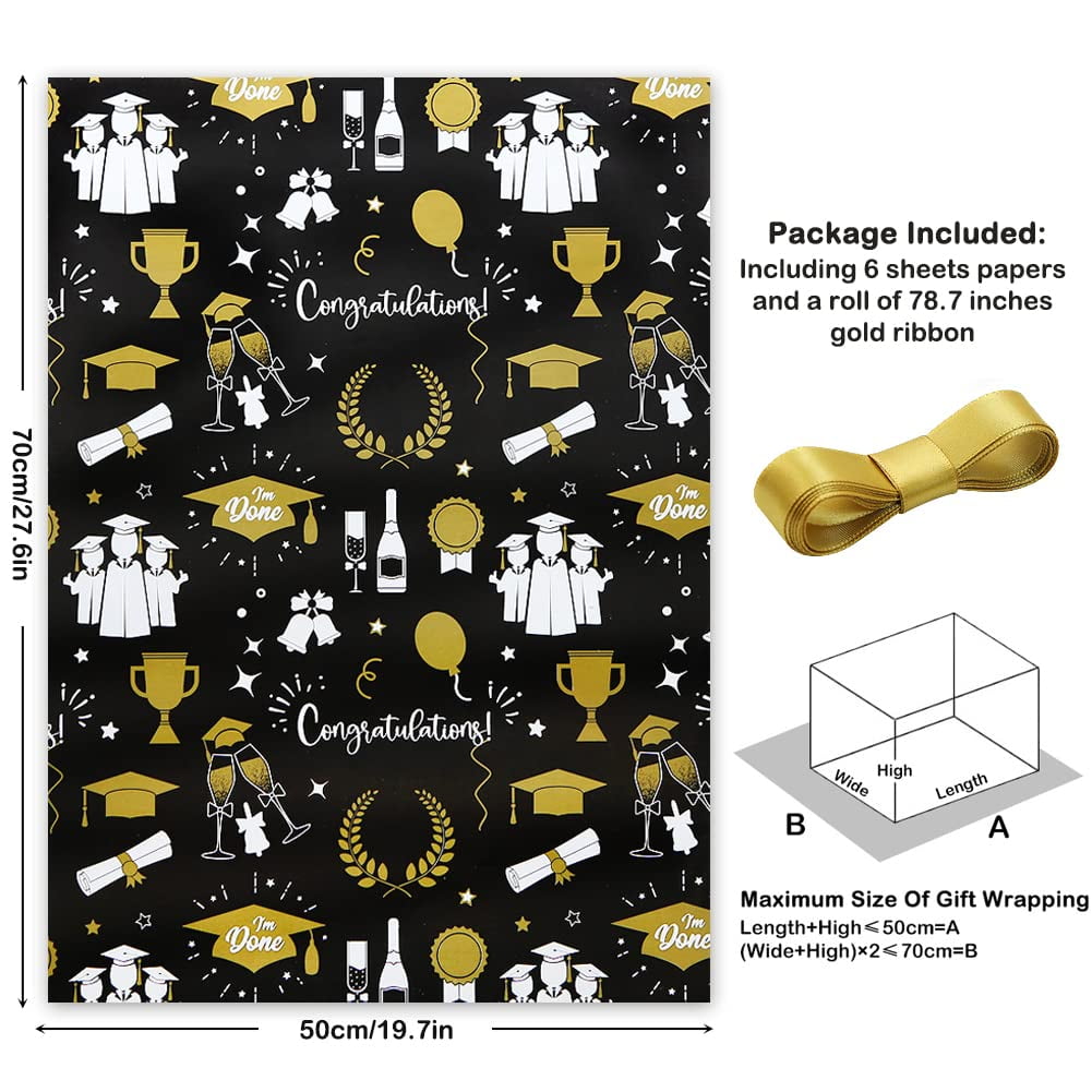 2025 Graduation Wrapping AJH3 Papers, 6 Sheets Black and Gold Gift Wrap ...
