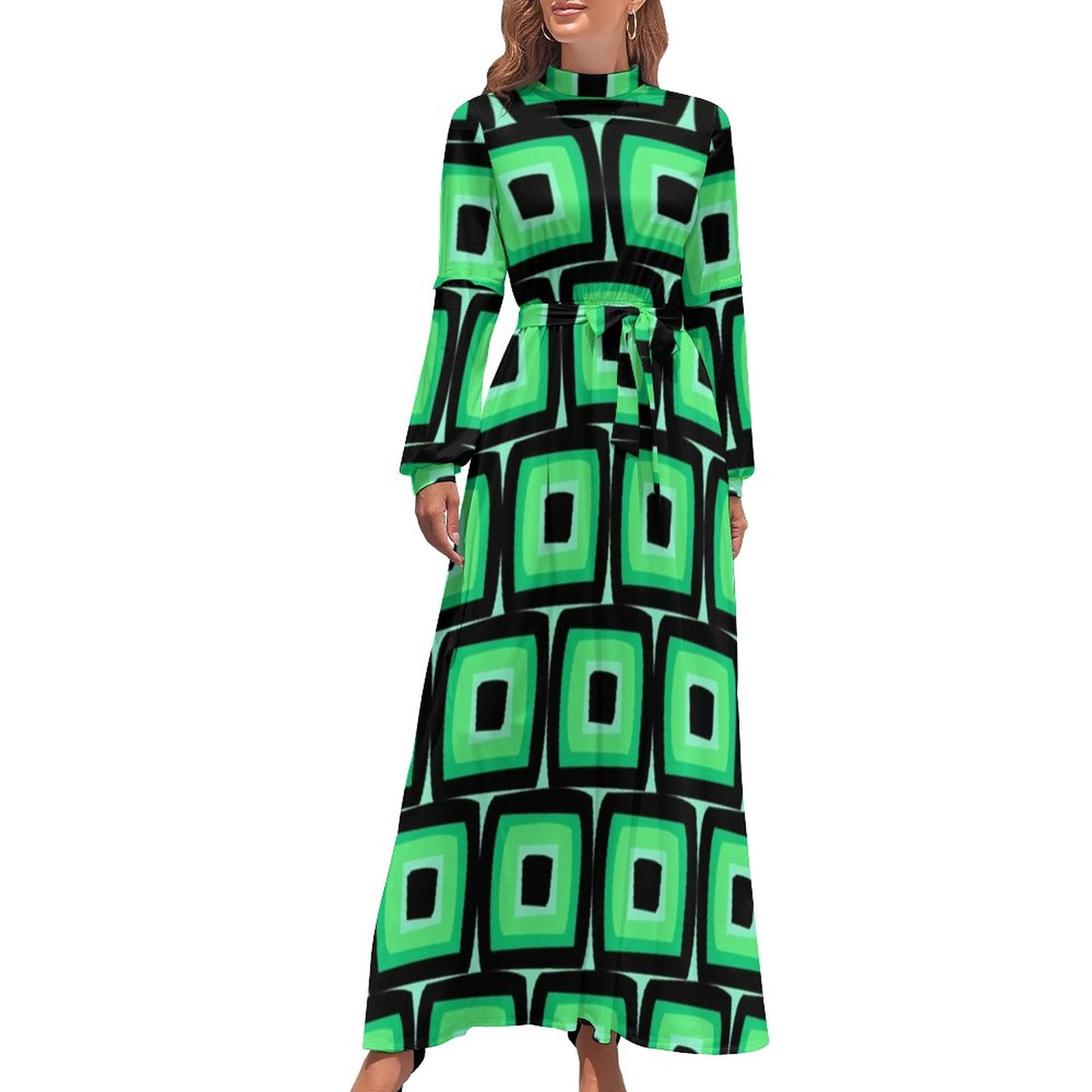 2025 Gray Retro Mod Dress Loops Geometric Pattern Sexy Printed Maxi ...