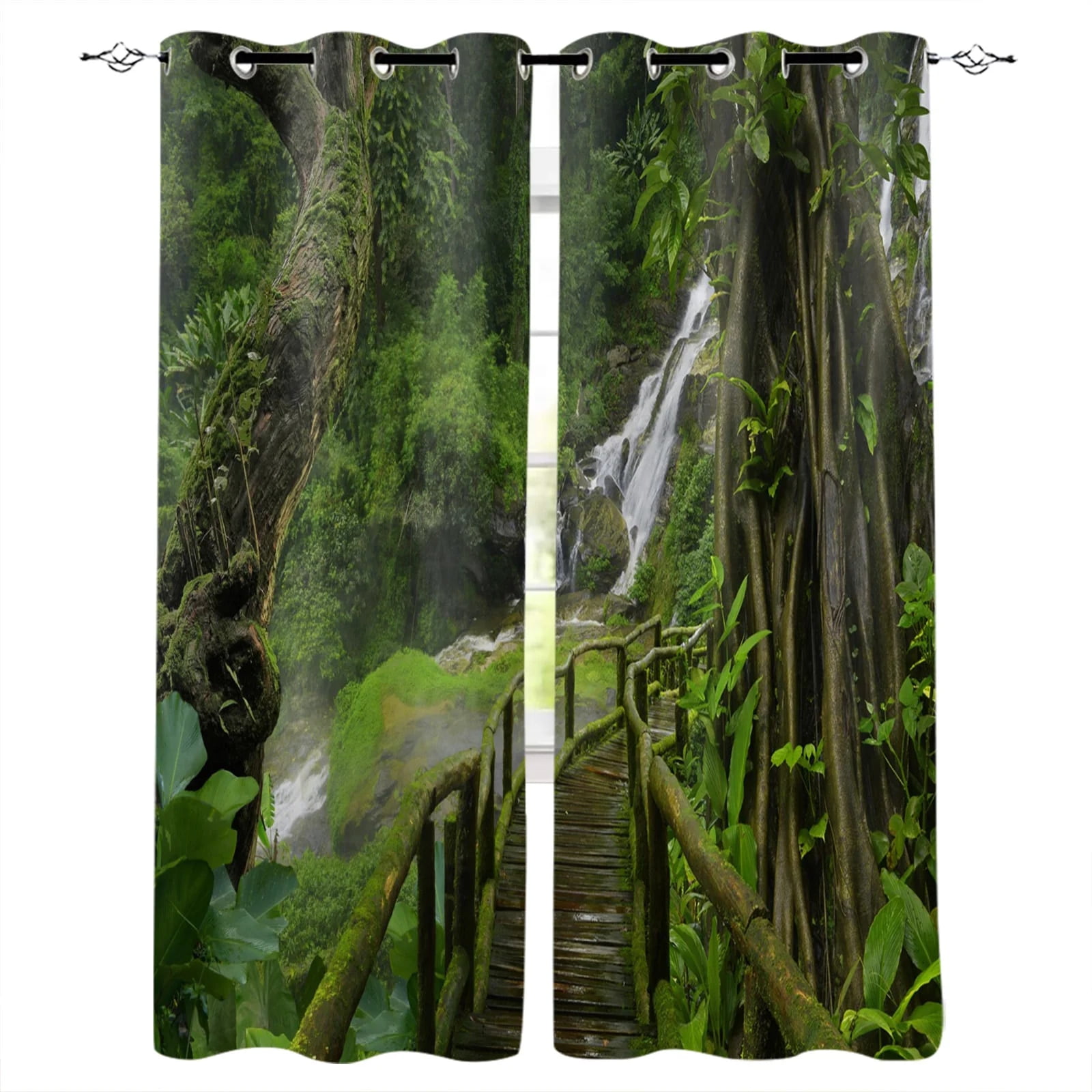 2025 Green Forest Waterfall Wooden Cottage Curtains For Living Room ...