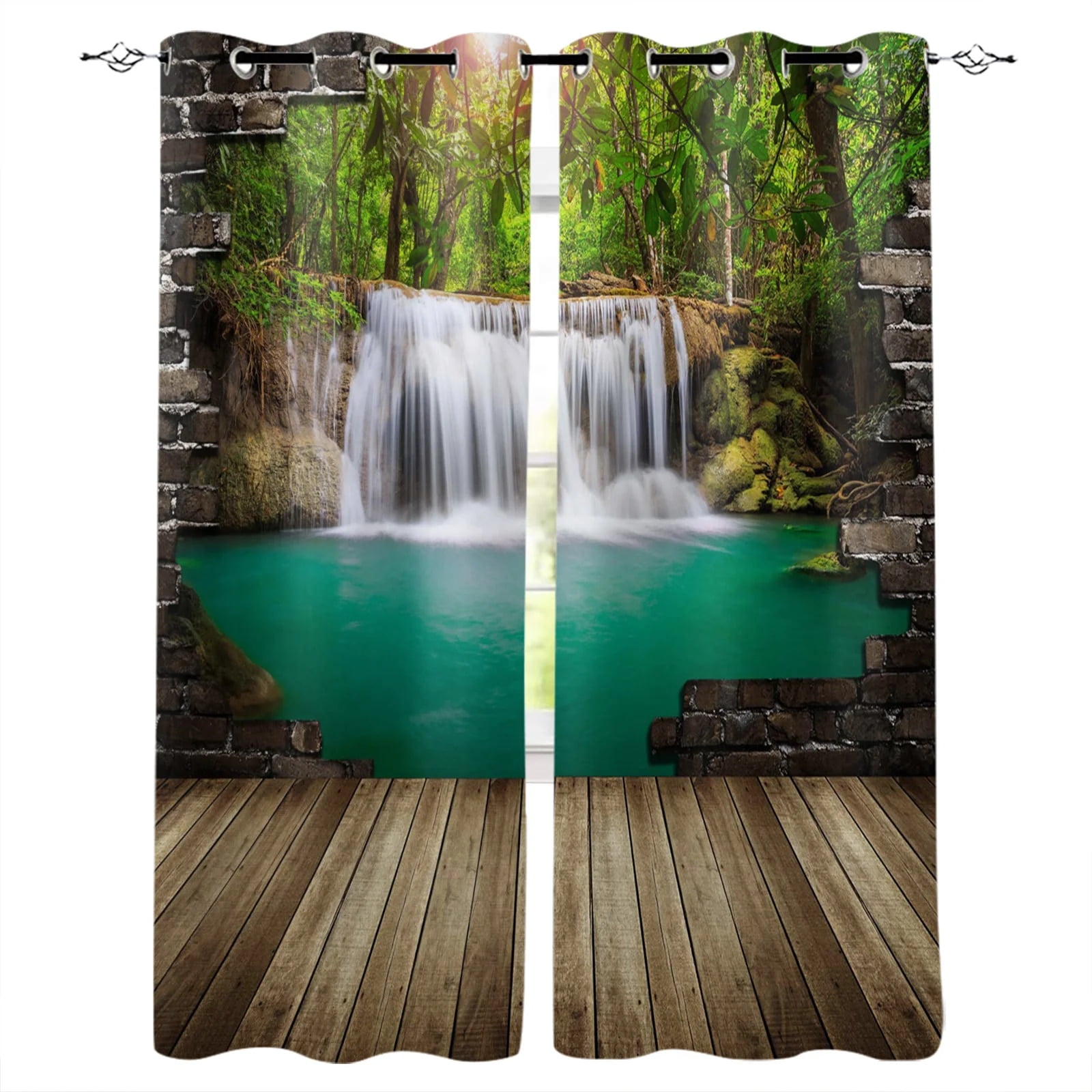 2025 Green Forest Waterfall Wooden Cottage Curtains For Living Room ...