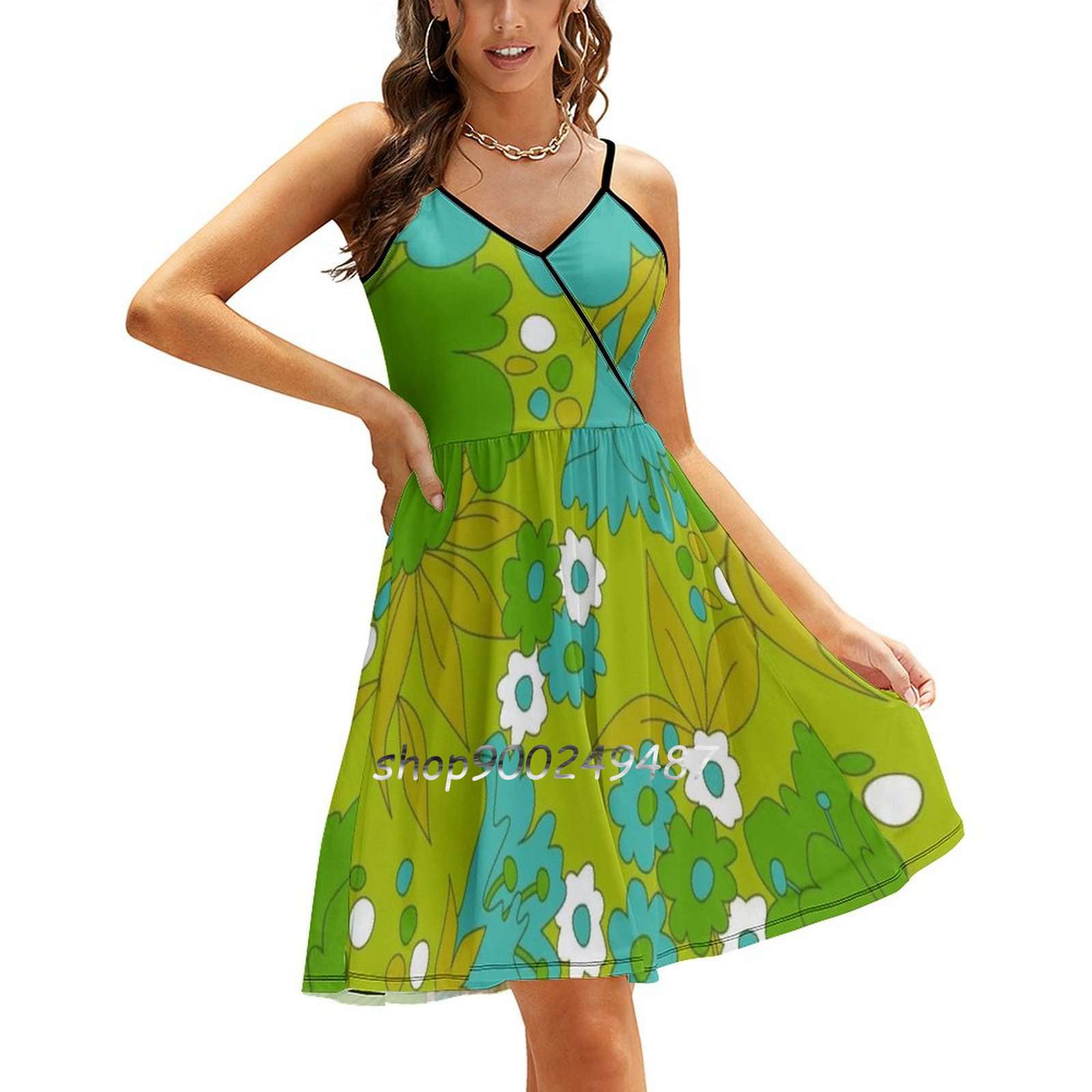 2025 Green Turquoise And White Retro Flower Pattern Square Neck Dress Sweet Summer Dress Women ...