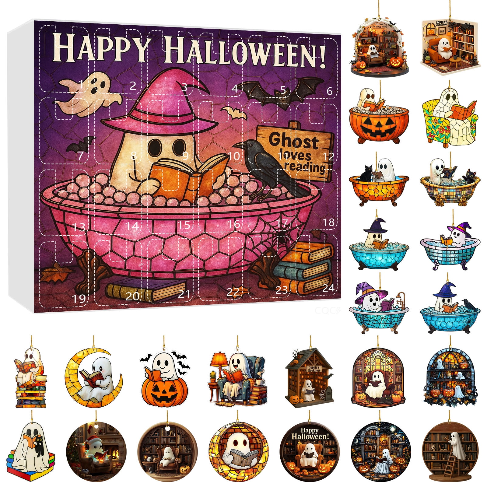 2025 Halloween Countdown Sets - 2D Acrylic Cute Ghost Reading Book Tree ...
