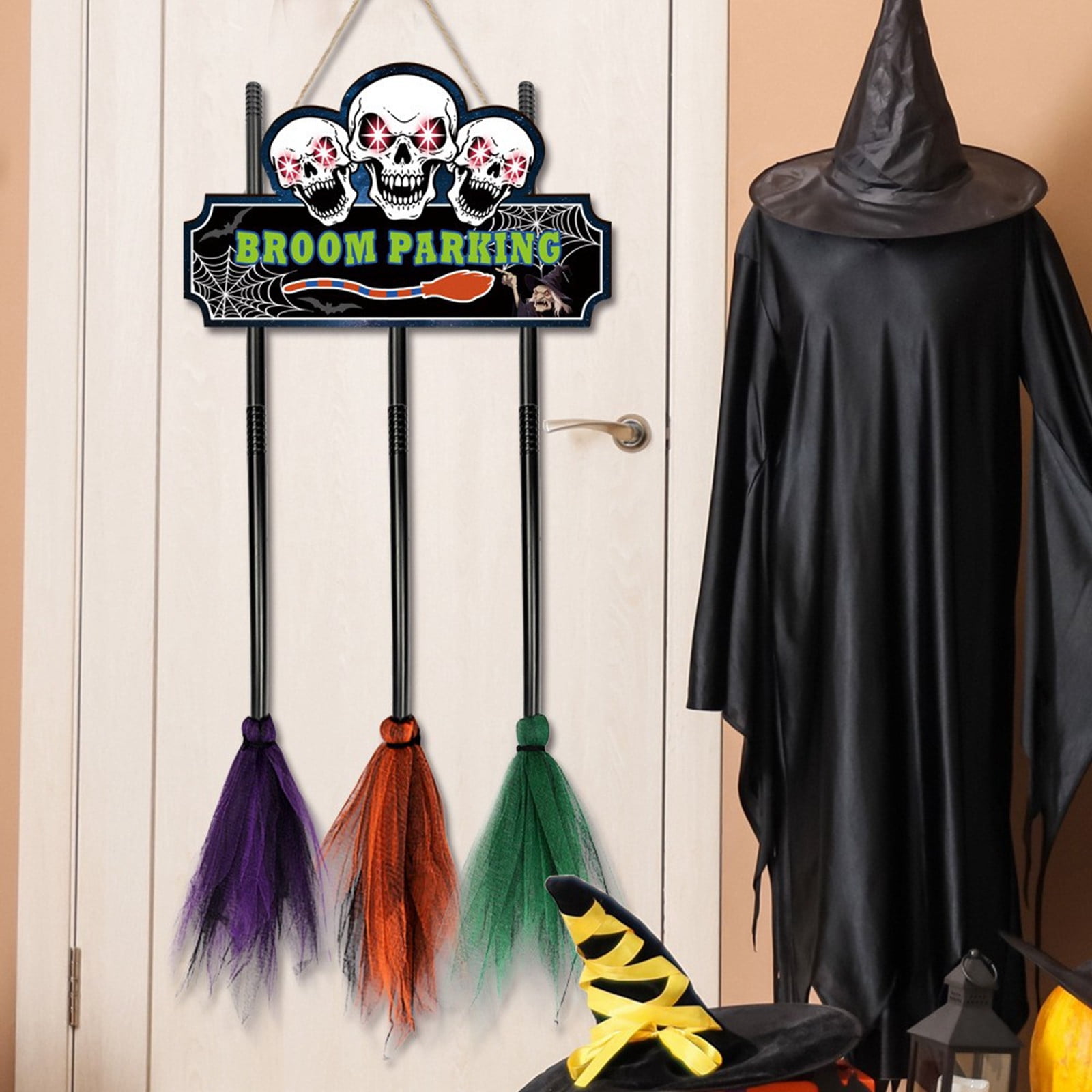 2025 Halloween Door Sign Decorations, Broom Parking Sign With 3 Wooden ...