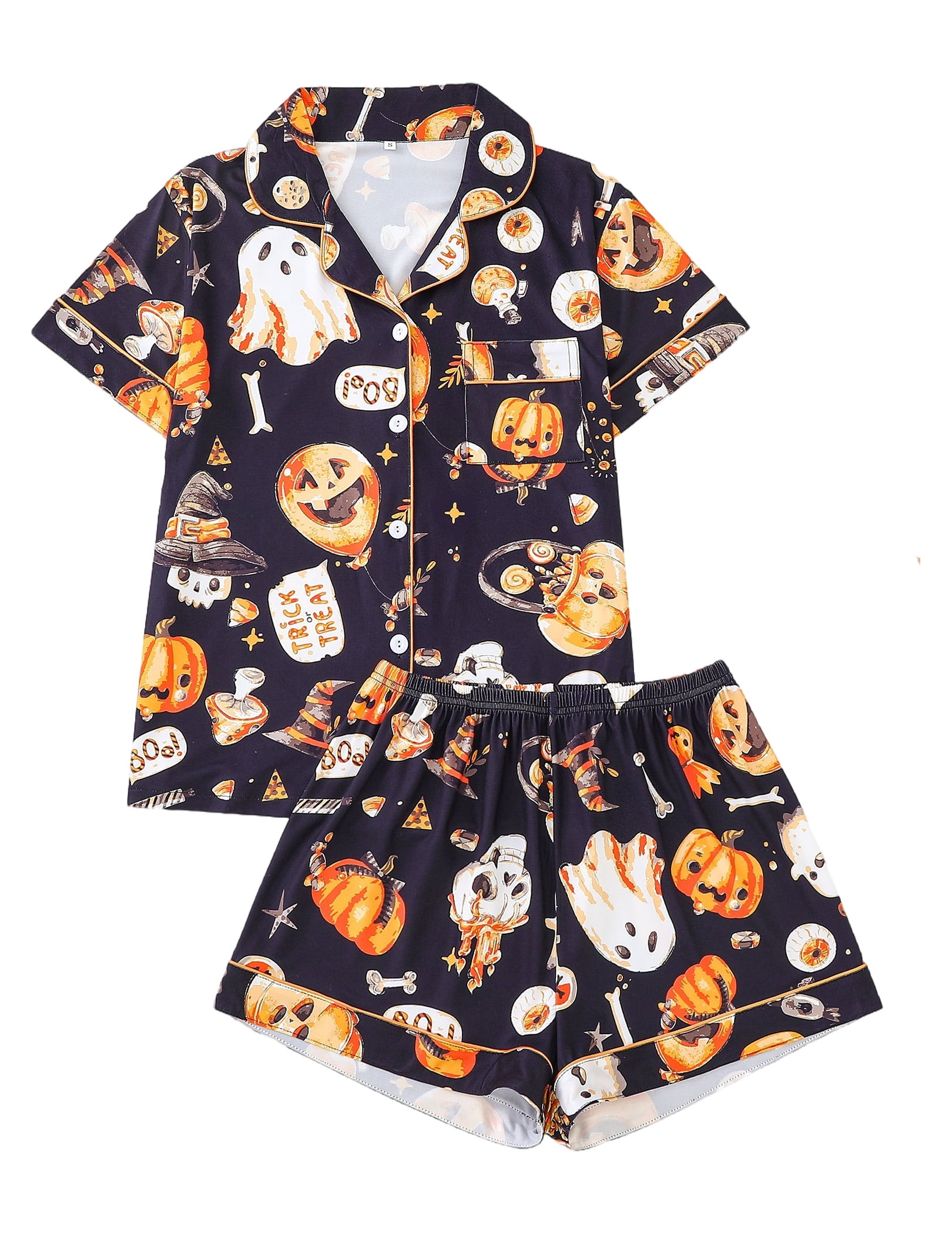 2025 Halloween Pajamas Set, Two-Piece Soft Cotton Lapel Loungewear ...