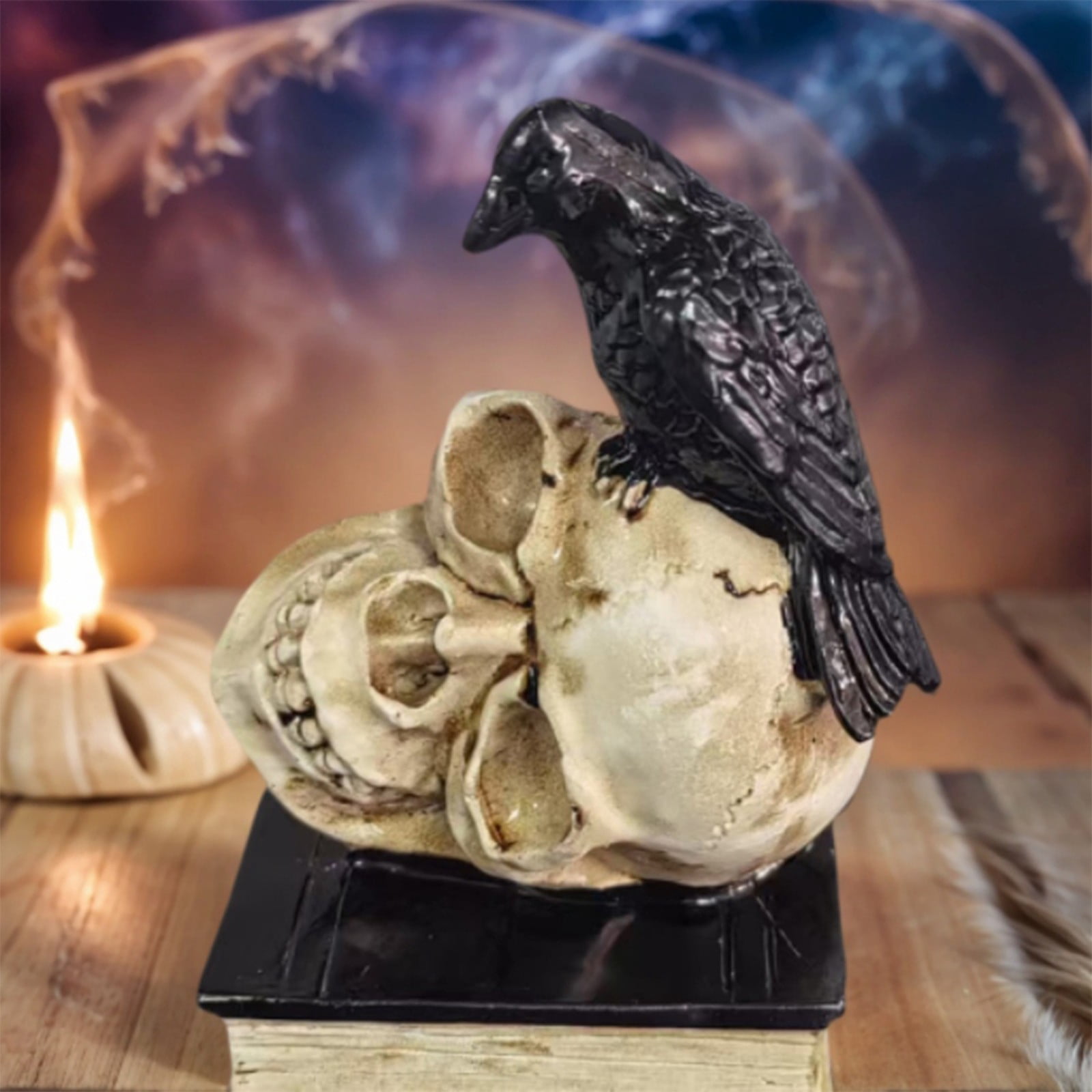 2025 Halloween Skull with Raven Bookend Decoration, Resin Craft ...