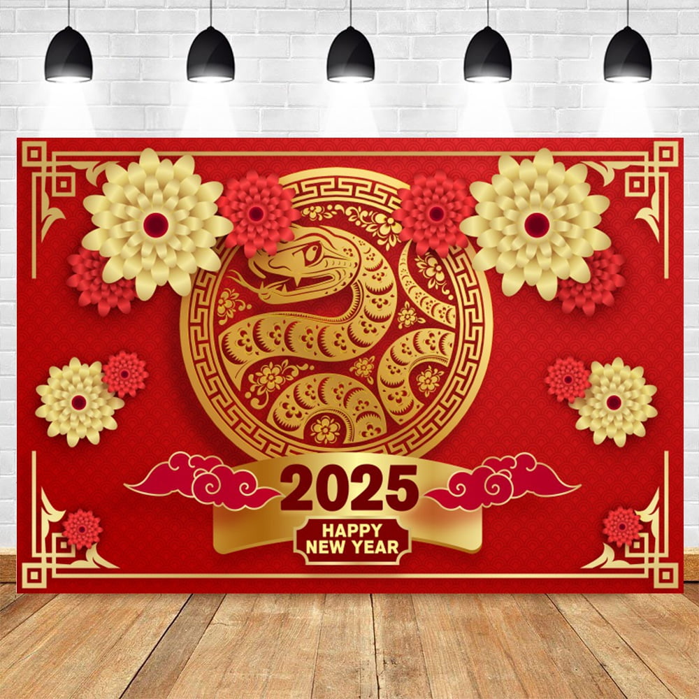 2025 Happy New Year Backdrop Chinese Style Snake Red Lantern New Year Eve Family Party ...