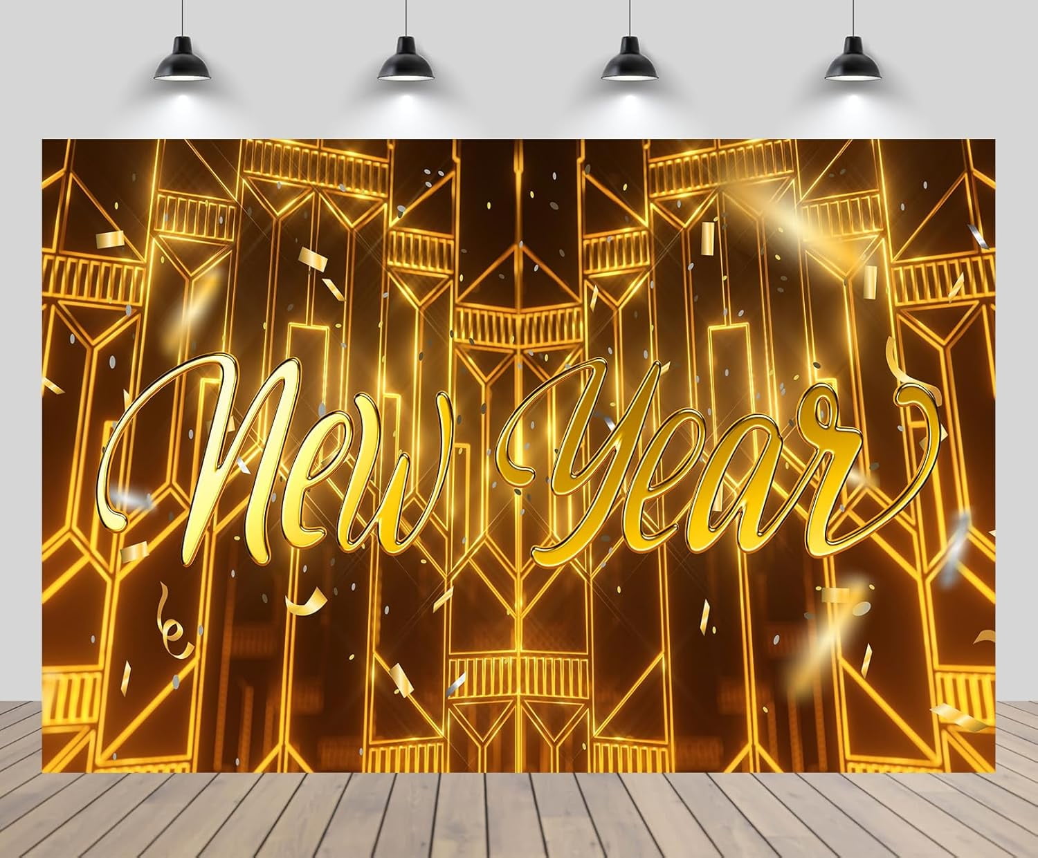2025 Happy New Year Backdrop Golden Balloons Streamers Spots Champagne ...
