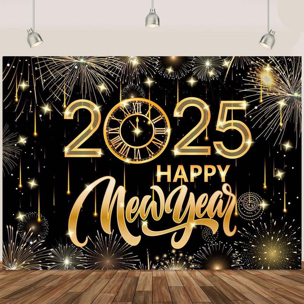 2025 Happy New Year Backdrops Black New Year Decor Background Gold ...