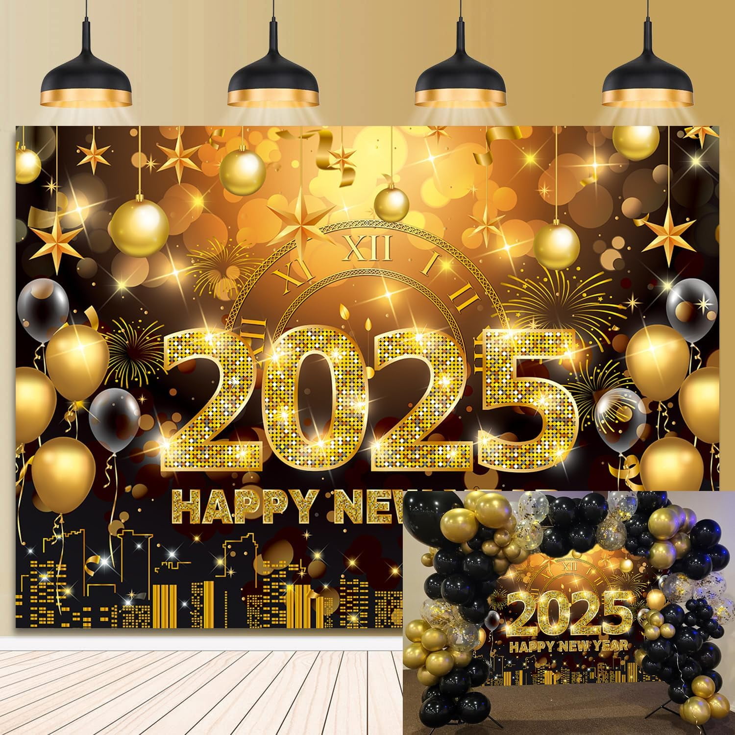 2025 Happy New Year Banner Backdrop Black and Gold Fireworks New Years ...