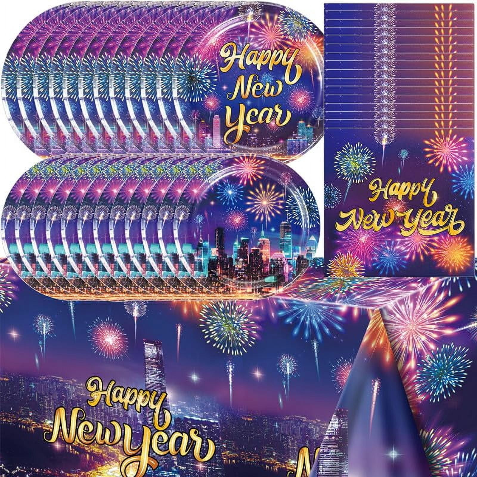 2025 Happy New Year Paper Plates Tableware Set, 24 Guest New Years ...