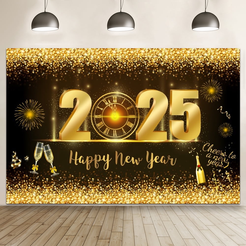 2025 Happy New Year Party Backdrop Fireworks Clocks Champagne Gold ...
