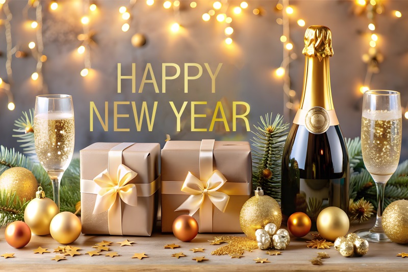 2025 Happy New Year Photography Background Gold Champagne Fireworks and ...