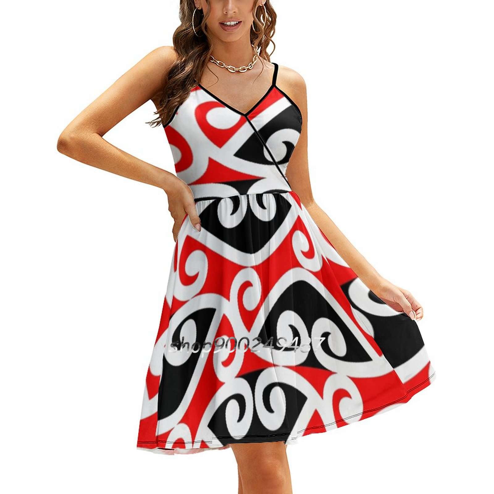 2025 Kowhaiwhai Print Large Flare Dress Square Neck Dress Elegant ...