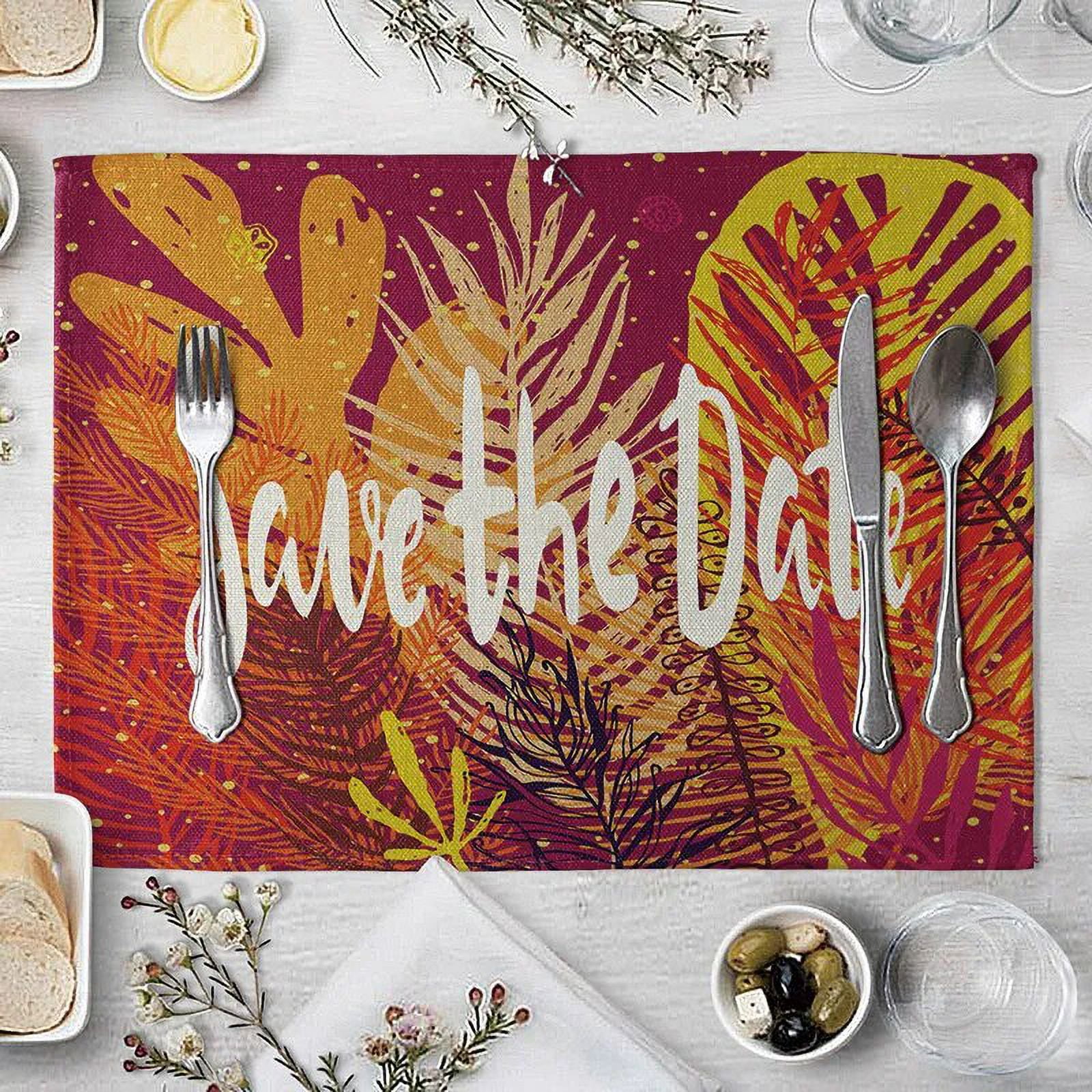 2025 Leaves Plant Letter Linen Dining Table Mat Love Green Tropical ...