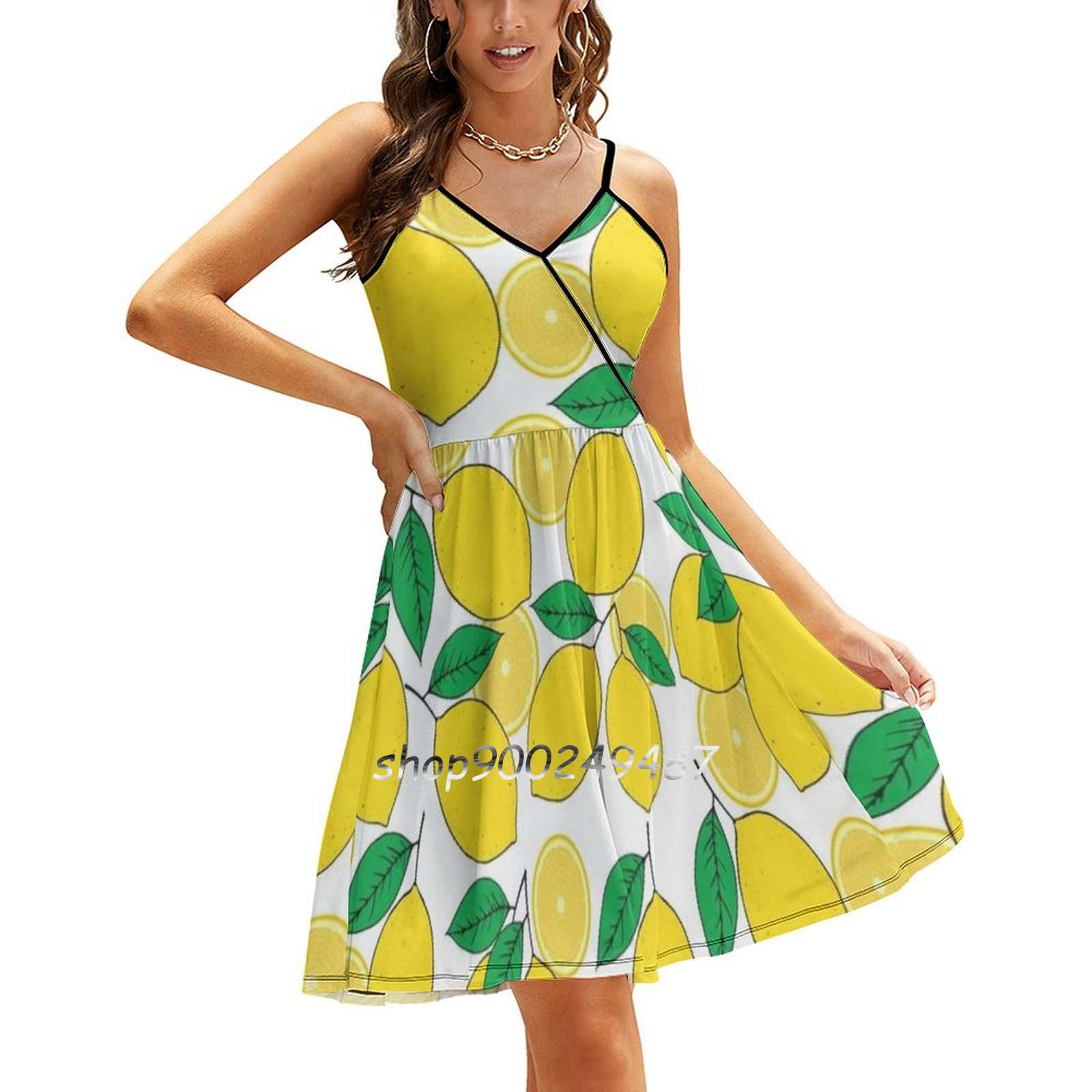 2025 Lemon Print Square Neck Dress New Plus Size Elegant Women Waist ...