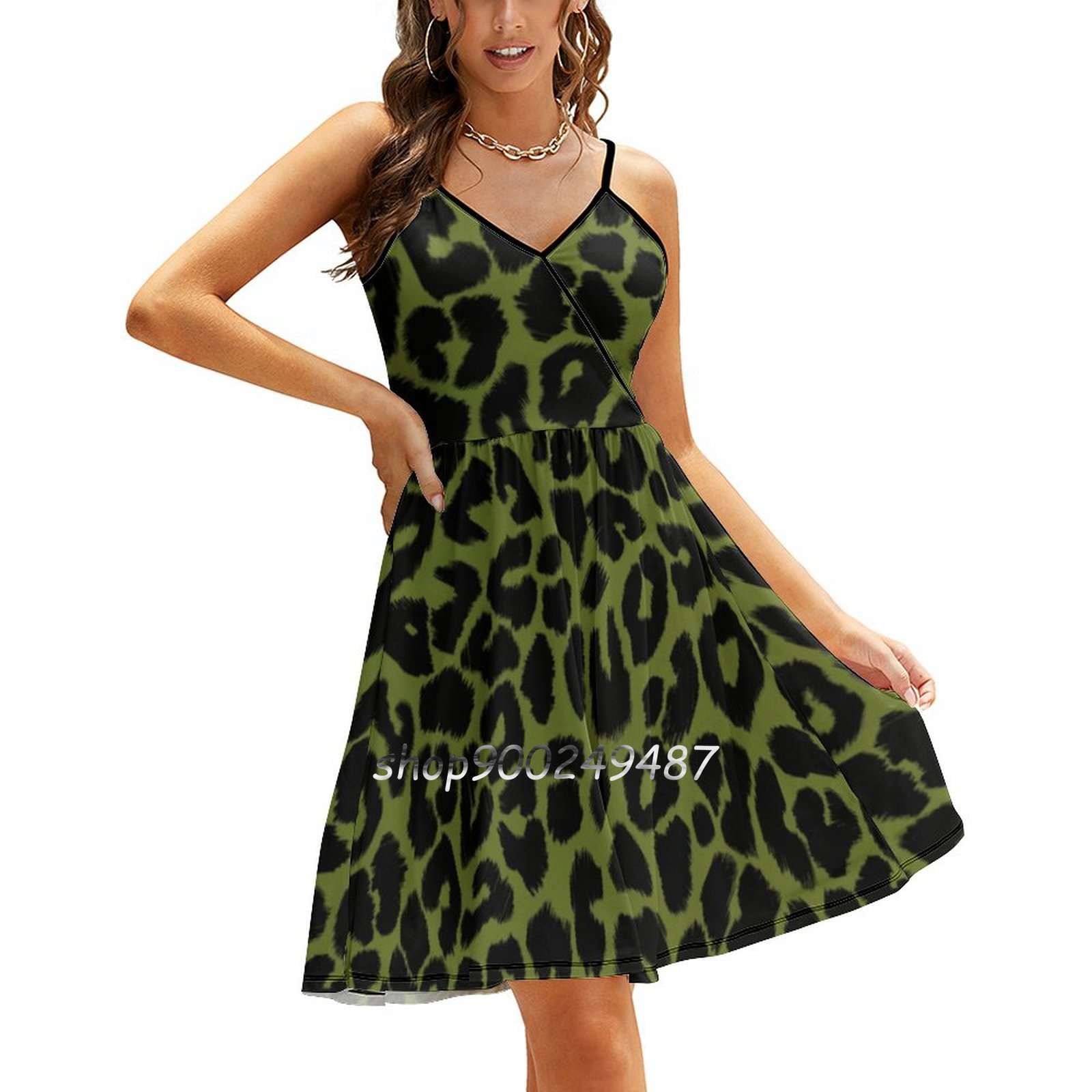 2025 Leopard Print Pattern In Green And Black Flare Dress Square Neck ...