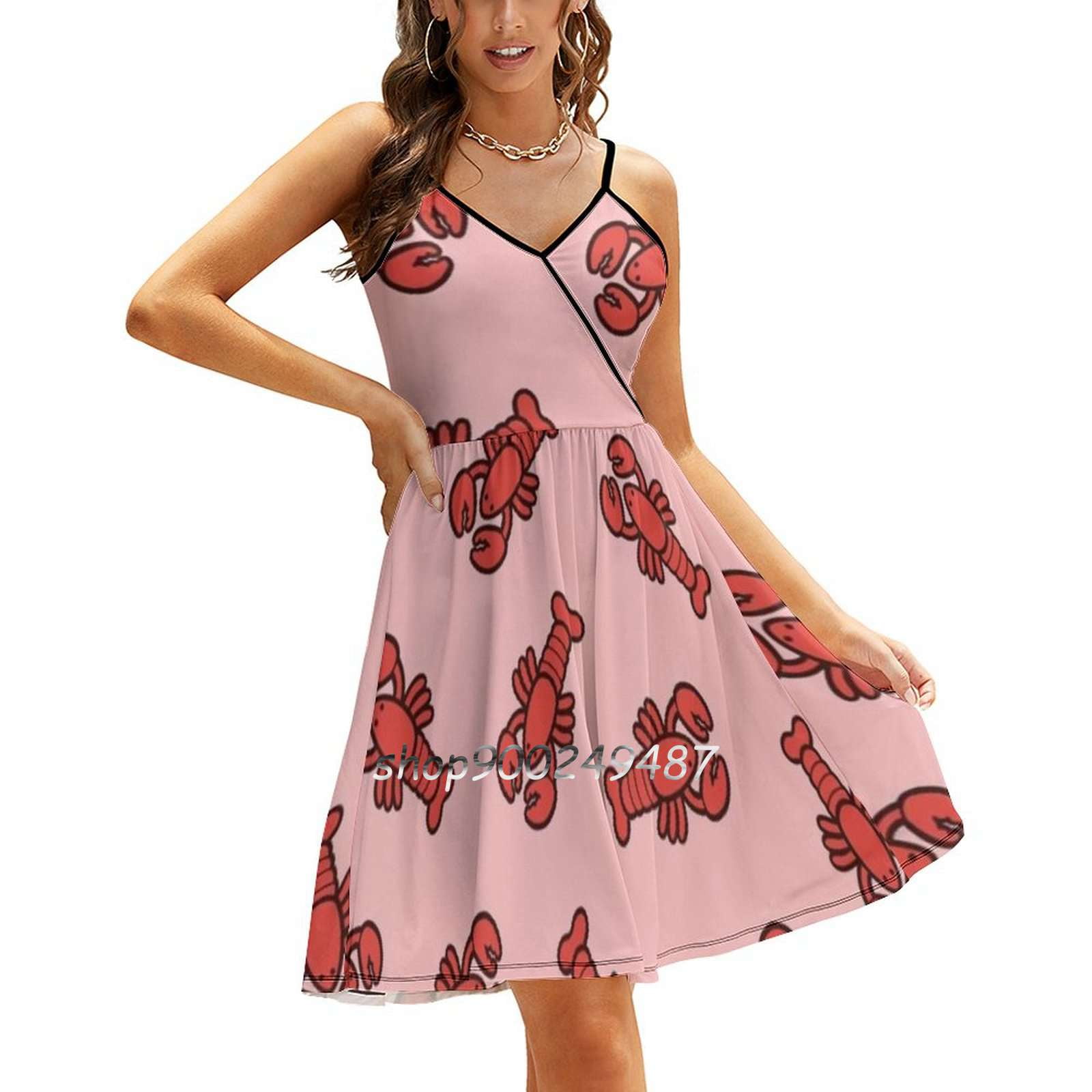 2025 Lobsters Pattern On Light Pink Sweetheart Knot Flared Dress ...