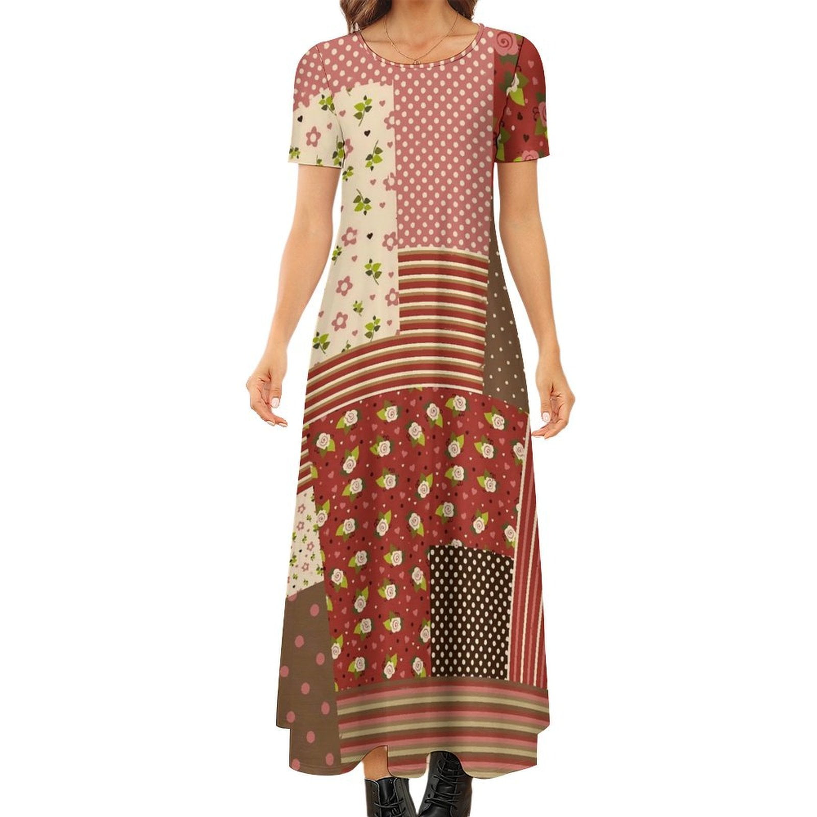 2025 Long Dresses Bohemia Maxi Ladies Polka Dress Patchwork Dress ...