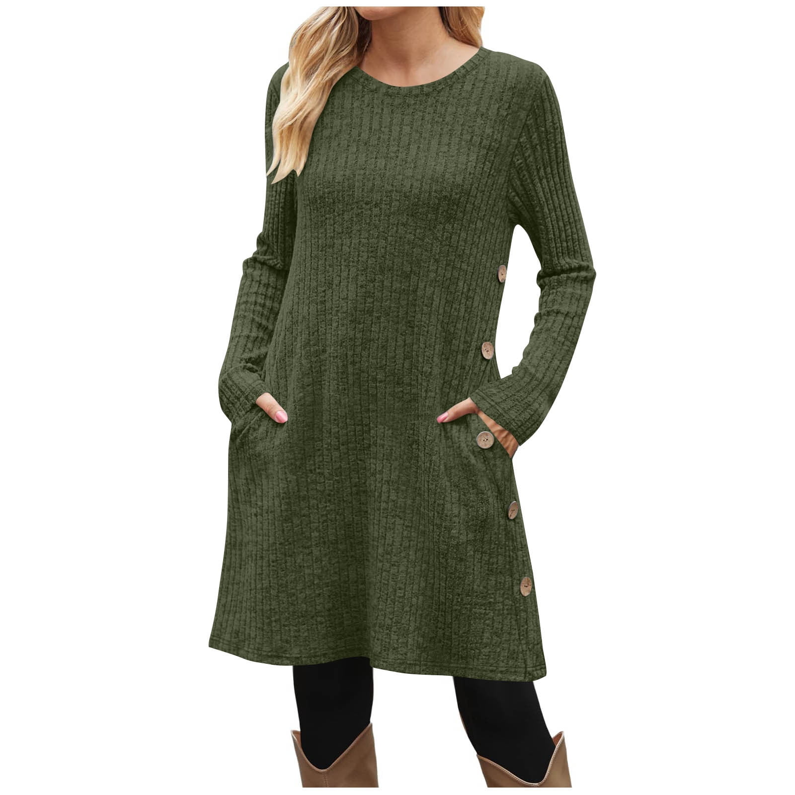 2025 Long Sleeve Dress for Women Casual Solid Crew Neck Lightweight ...