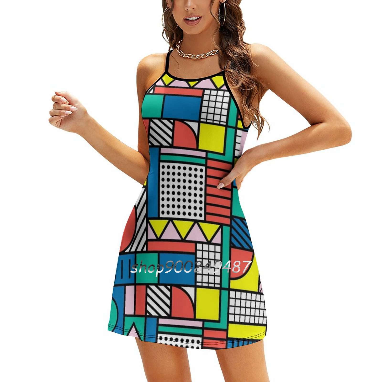 2025 Memphis Color Block Flare Dress Square Neck Dress Elegant Female ...