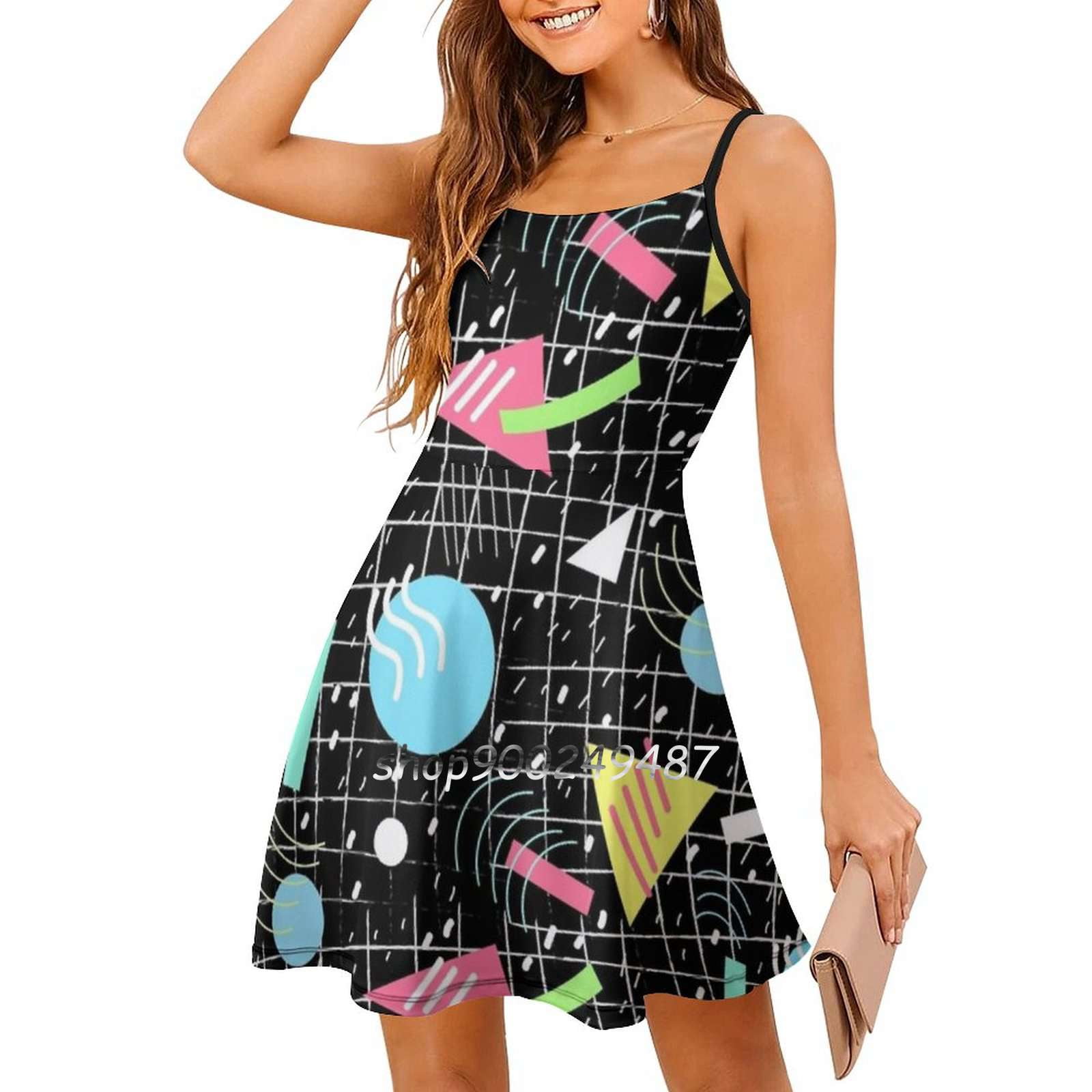 2025 Memphis Style Vibes ( Dark ) Sweet Elegant Dress Women Korean Kawaii Square Collar Dress ...