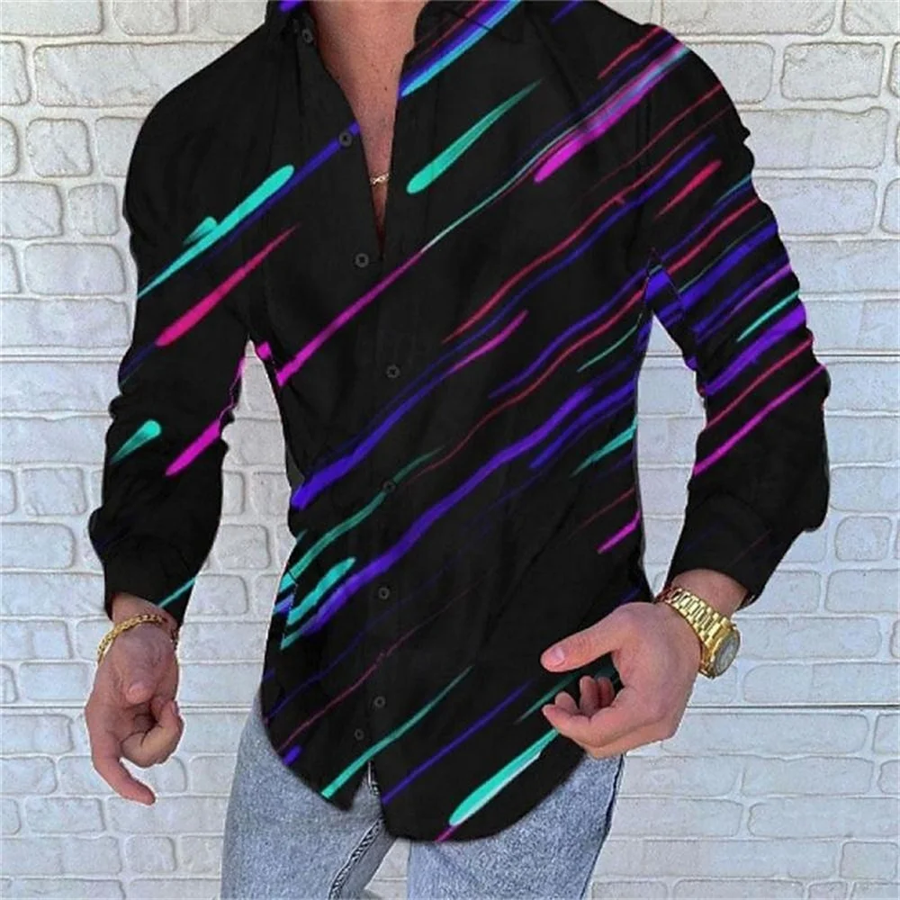2025 Men's Fashion Polo Collar Button Long sleeved Shirt Spring New Creative Print Men's ...