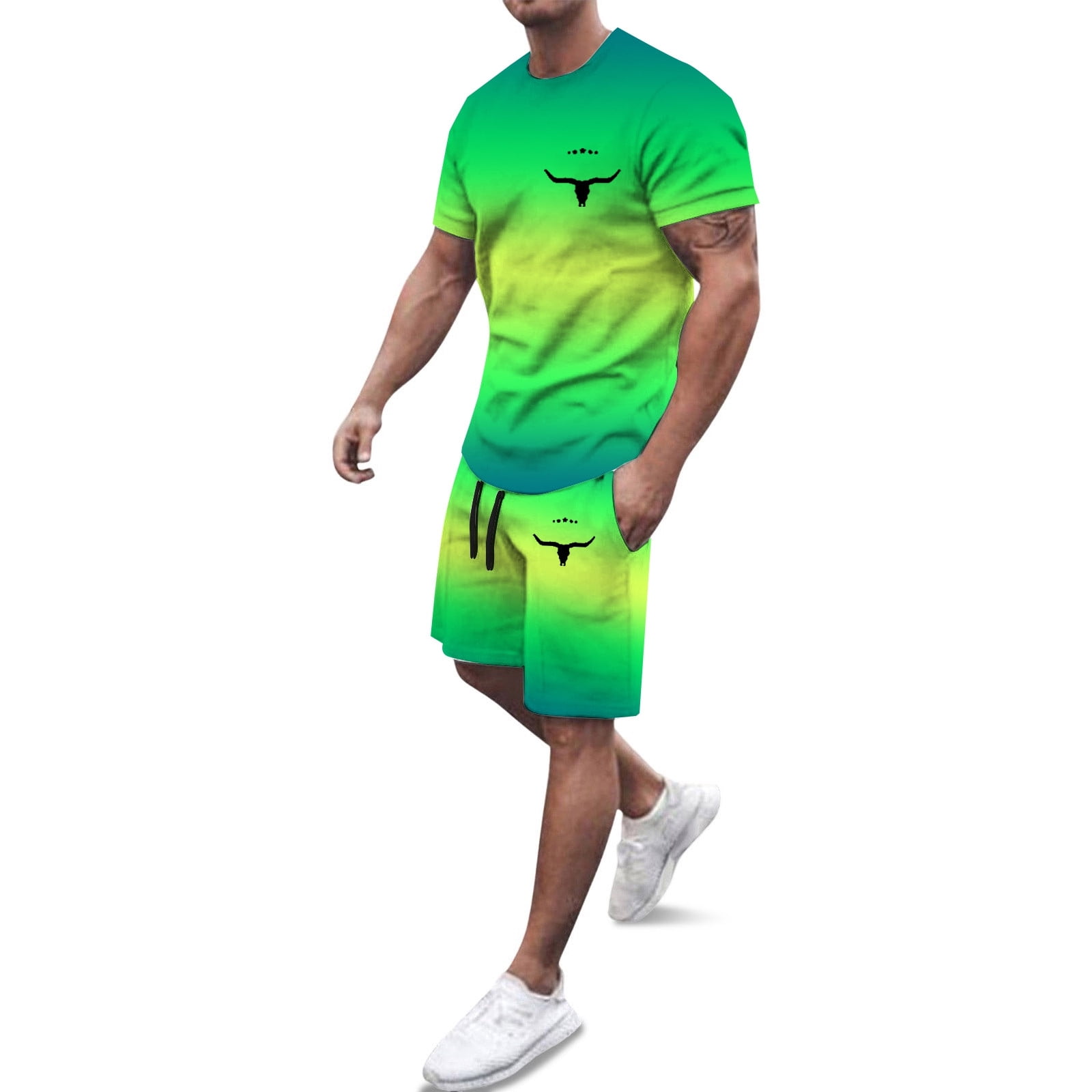 2025 Men's Gradient Print Loose Men Slim Fit Suit T Shirt Summer Sports ...