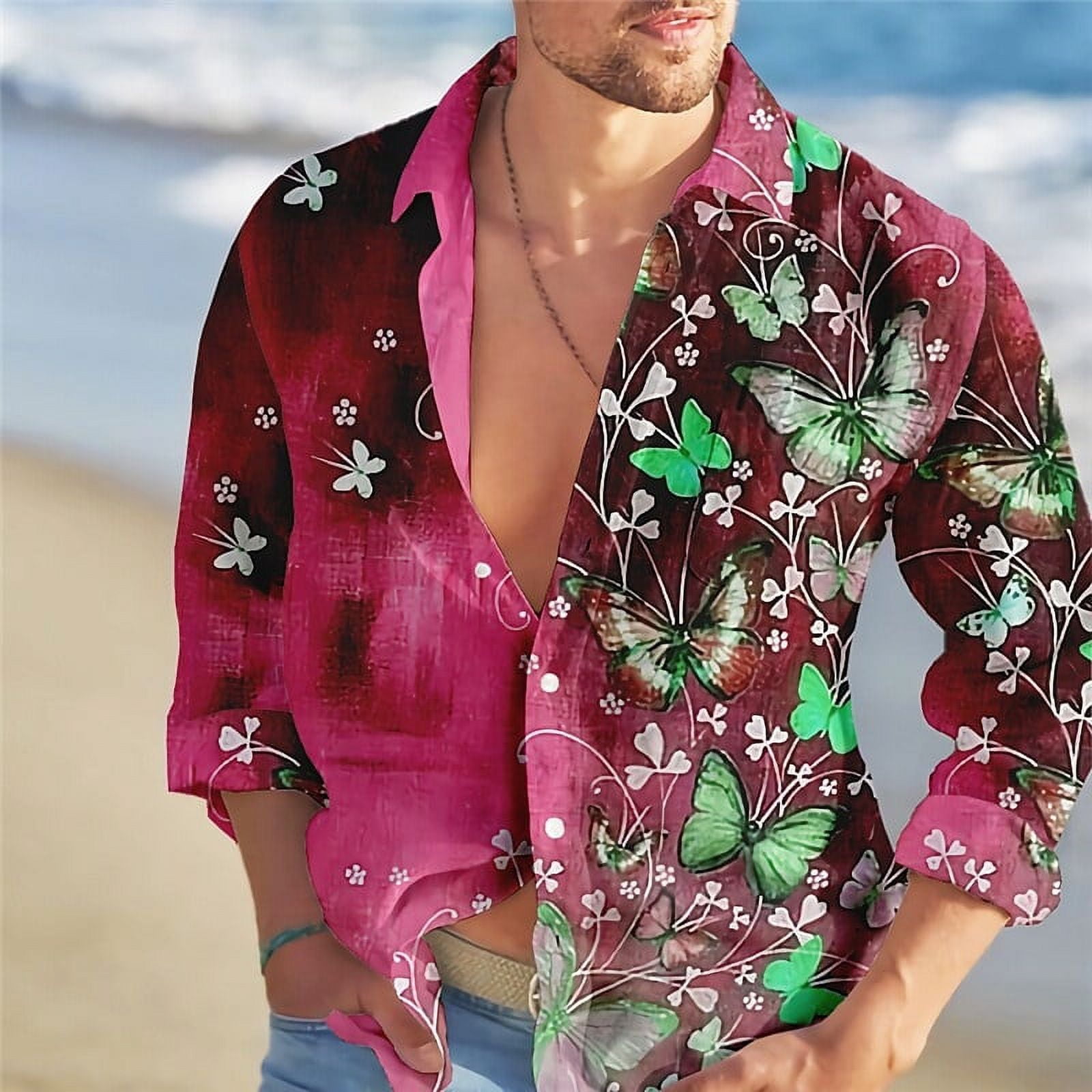 2025 Men's Long Sleeve Shirt Fashion Trend Butterfly Colorful Flower ...
