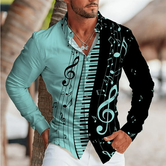 2025 Men's Shirt Music Note Piano Keys Lapel Stand Collar Long Sleeves ...