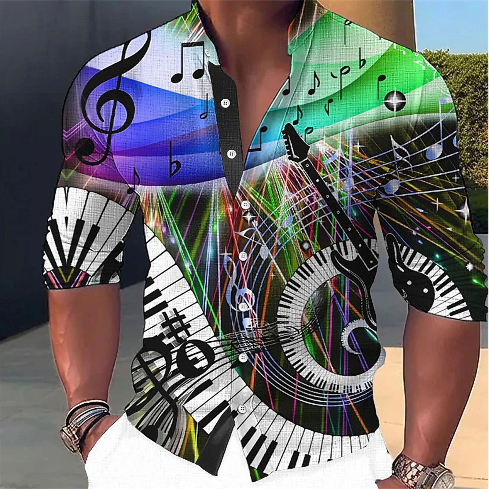 2025 Men's Shirt Music Note Piano Keys Lapel Stand Collar Long Sleeves ...