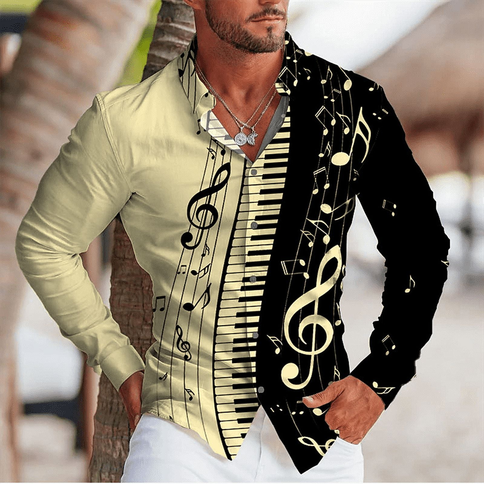 2025 Men's Shirt Music Note Piano Keys Lapel Stand Collar Long Sleeves ...
