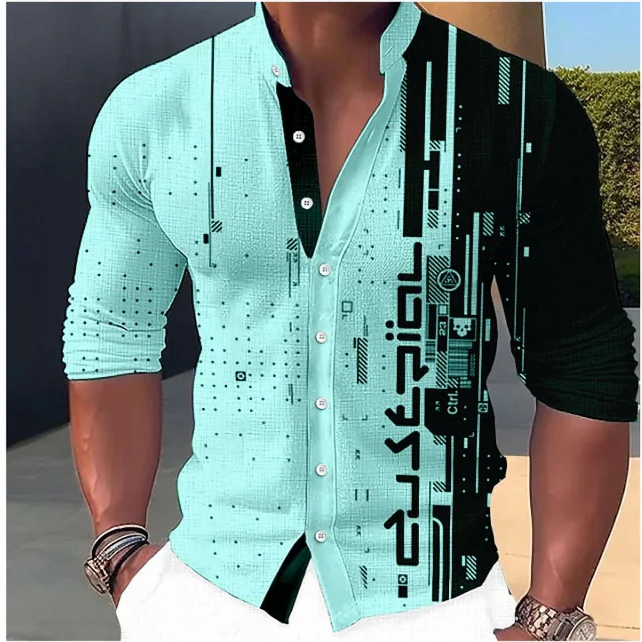 2025 Men's Shirt Pattern Printing Geometric Stand Collar White Outdoor ...