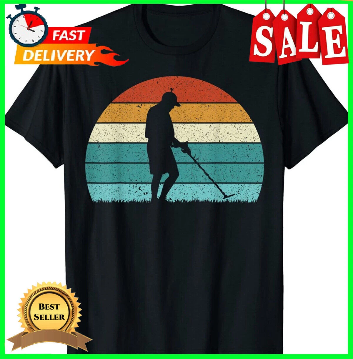 2025/Metal Detecting Treasure Hunt Metal Detector Sunset Retro T-Shirt ...