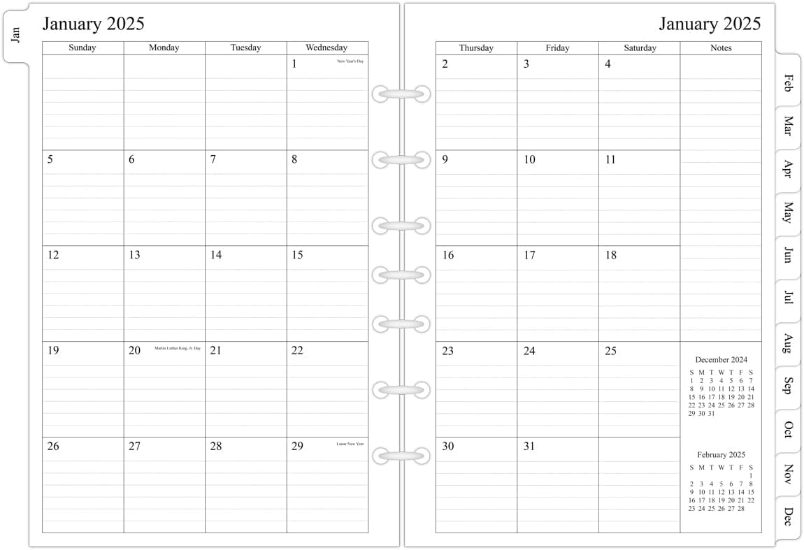 2025 Monthly Planner Refills 5-1/2" x 8-1/2" for 3-Ring or 7-Ring Mini ...