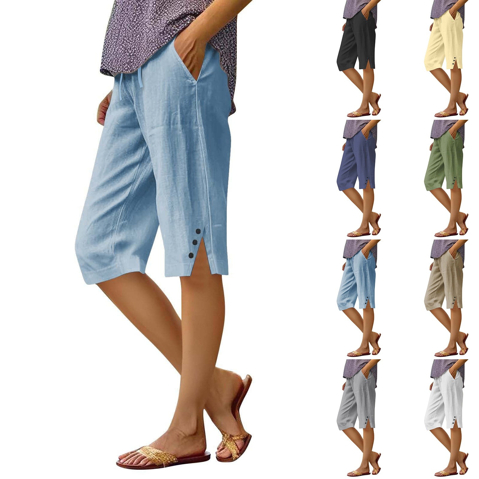 2025 NEW Yellow Linen Capri Pants for Women Trendy Summer Bermuda ...