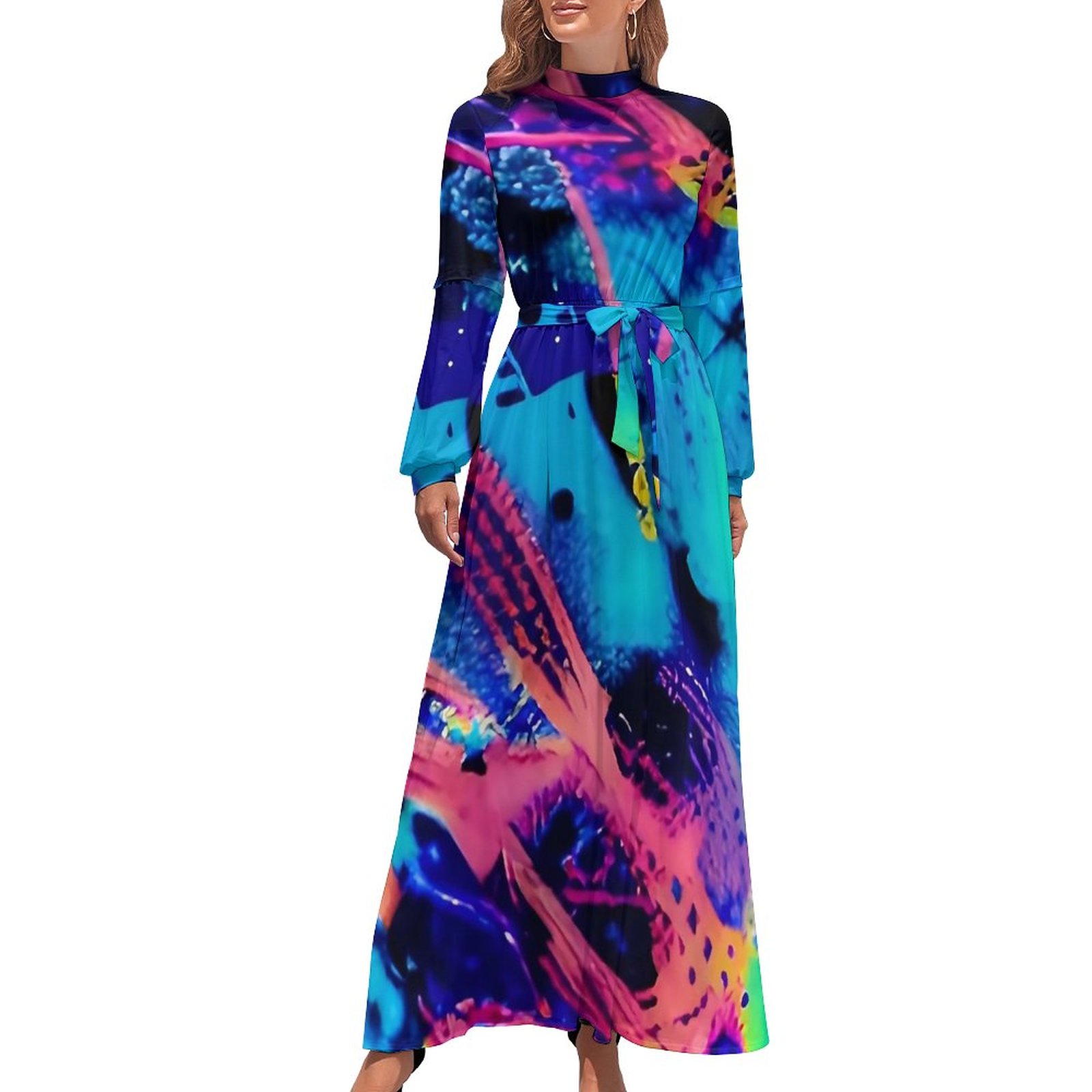 2025 Neon Brush Print Dress Abstract Art Cute Graphic Maxi Dress High ...