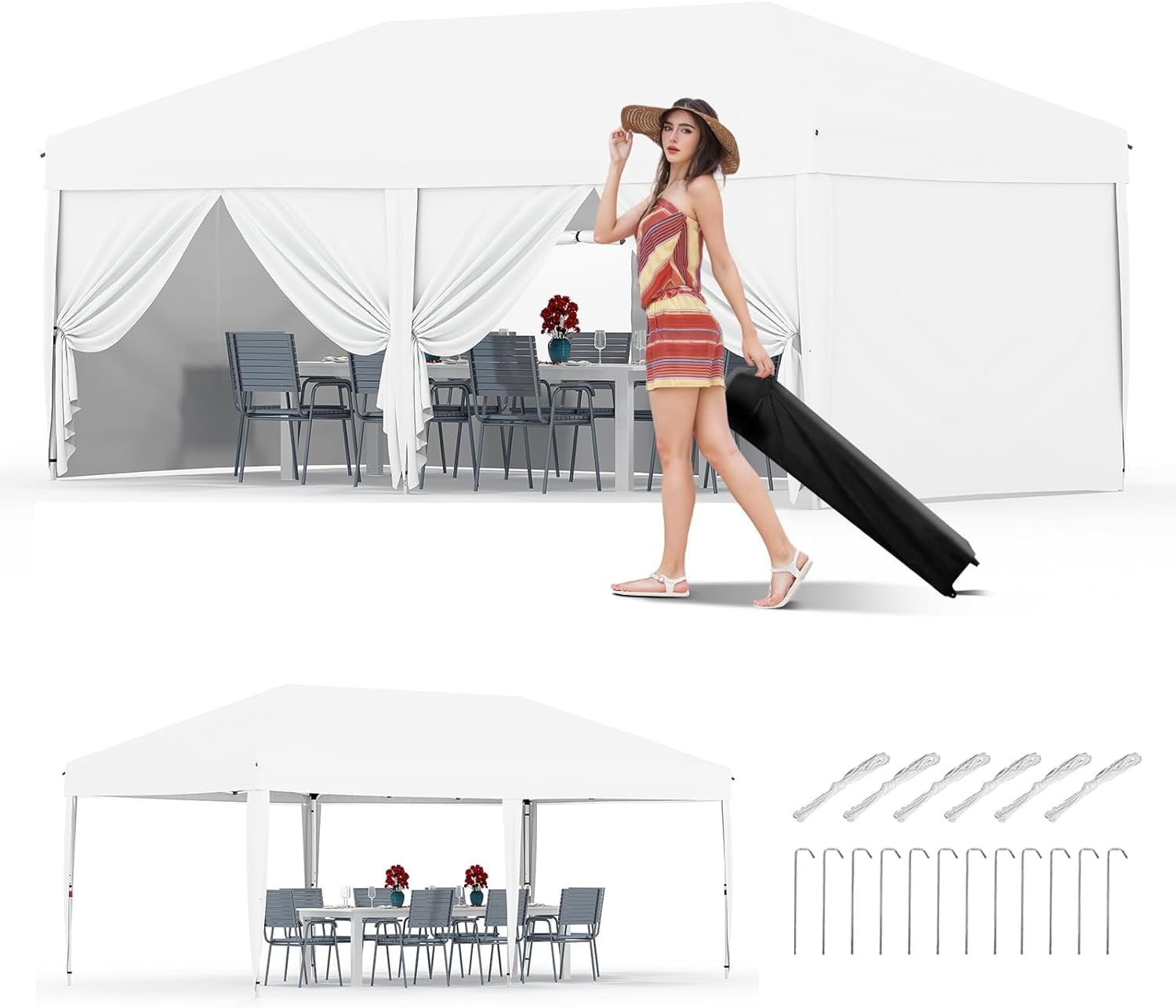 2025 New 10x20 ft Pop Up Canopy Tent with 6 Sidewalls, Canopy 10x20 with Carry Bag, Outdoor ...