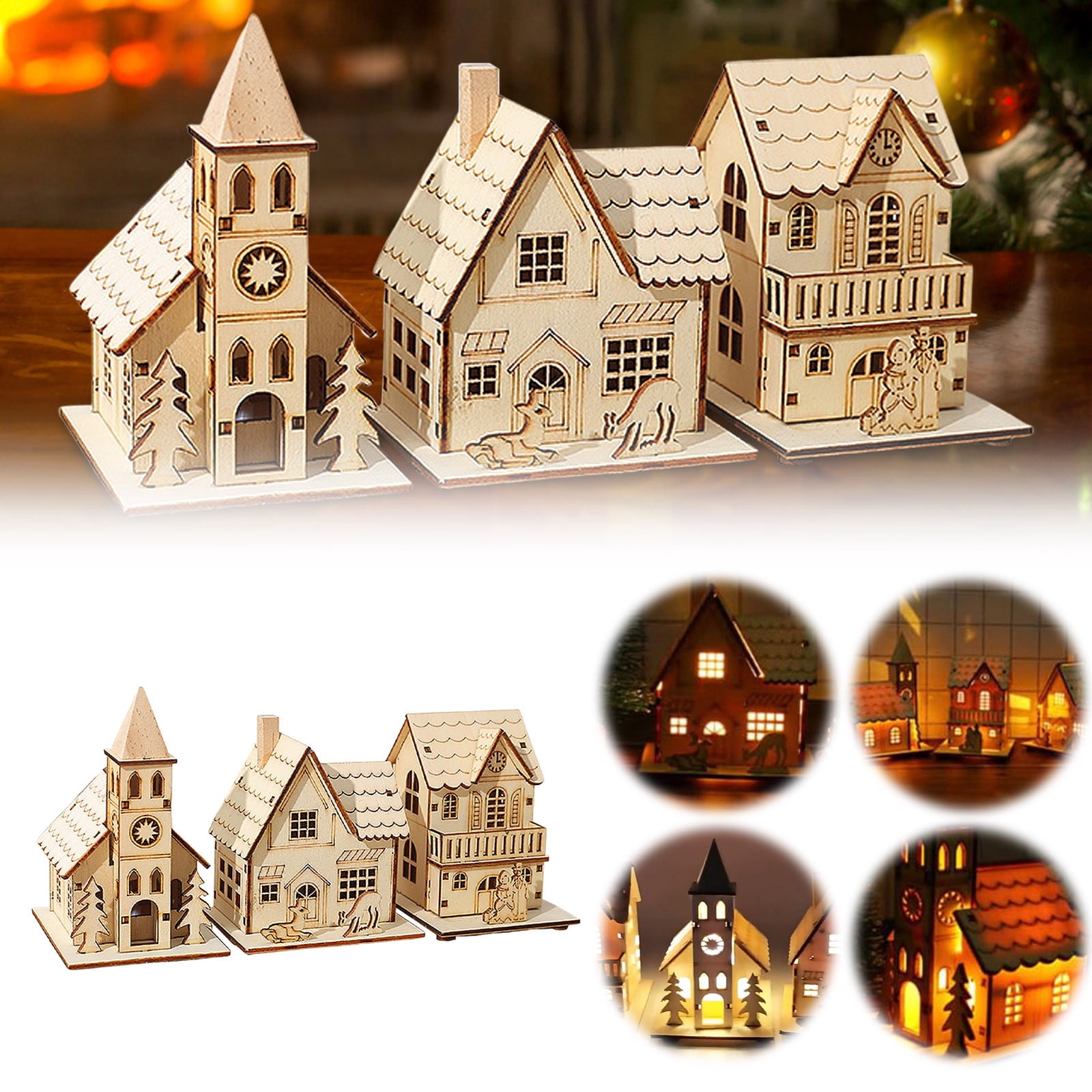 2025 New 3pcs Christmas Led Light Wooden House with Battery, Unfinished ...