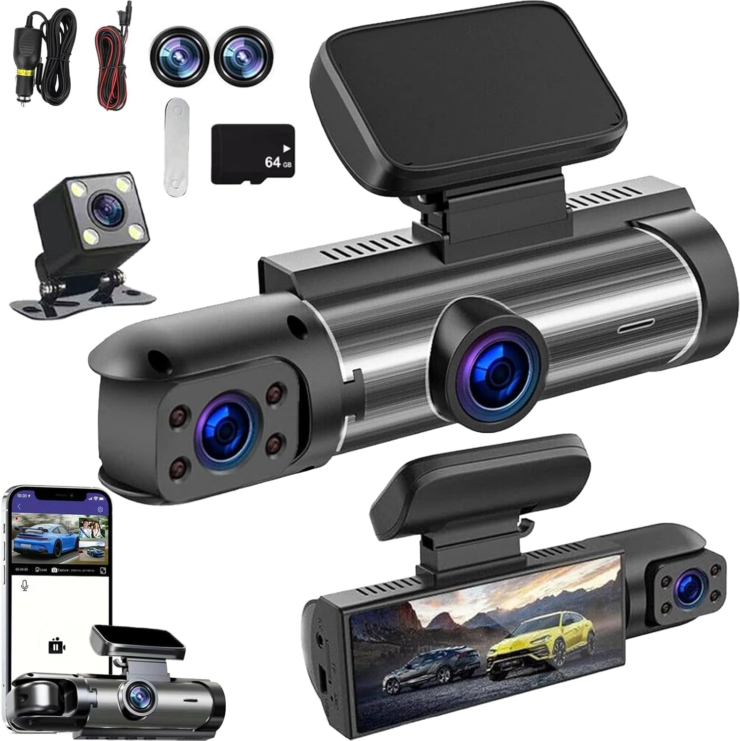 2025 New 64GB Enesy Front and Rear Dash Camera, 1080P Full HD Enesy ...