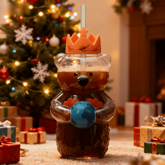 2025 New Bear Straw Cup Glass Mug, 20oz Bear-Shaped Cup, Glass, Perfect ...