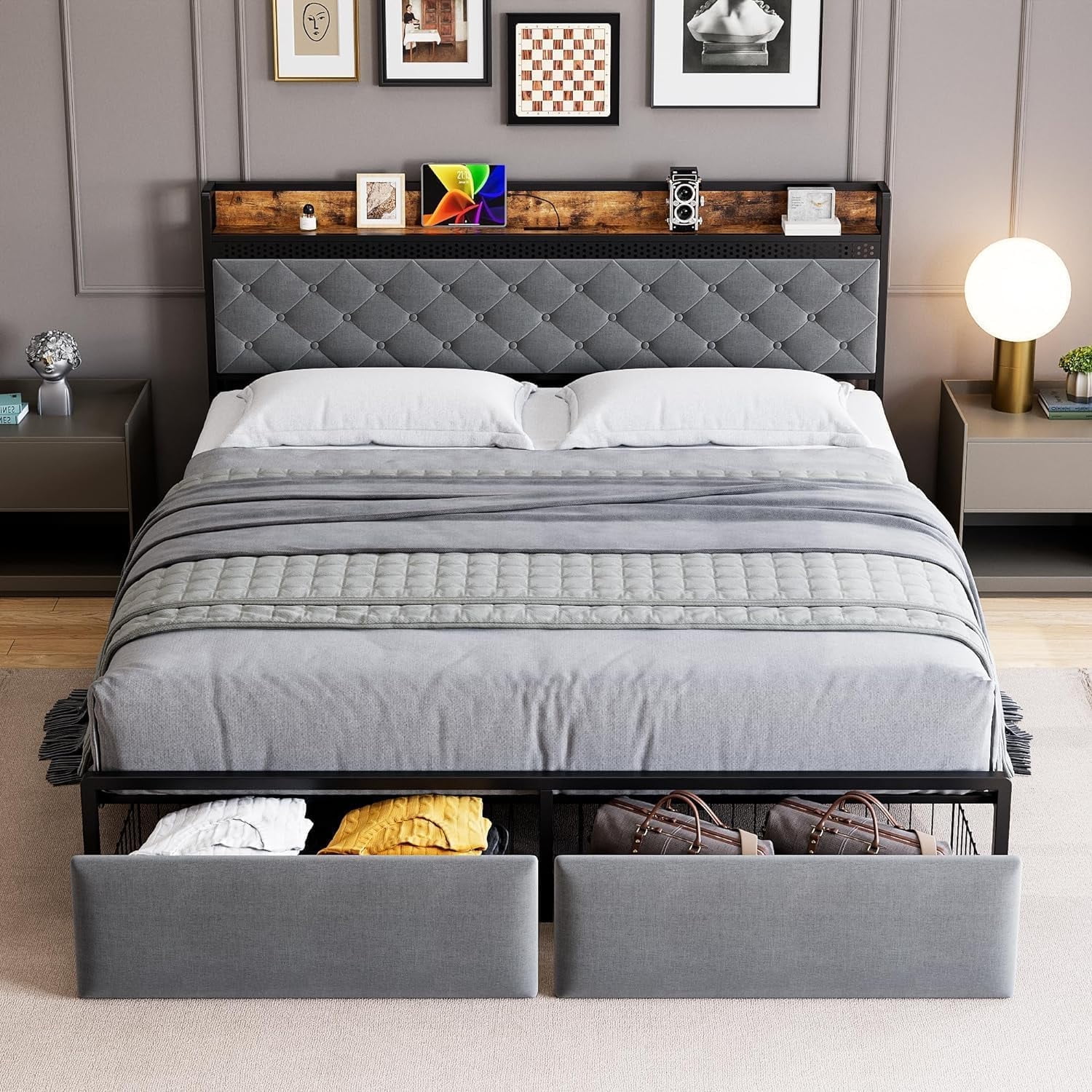 2025 New Bed Frame with 2 Storage Drawers, LED Bed Frame with 2-Tier ...
