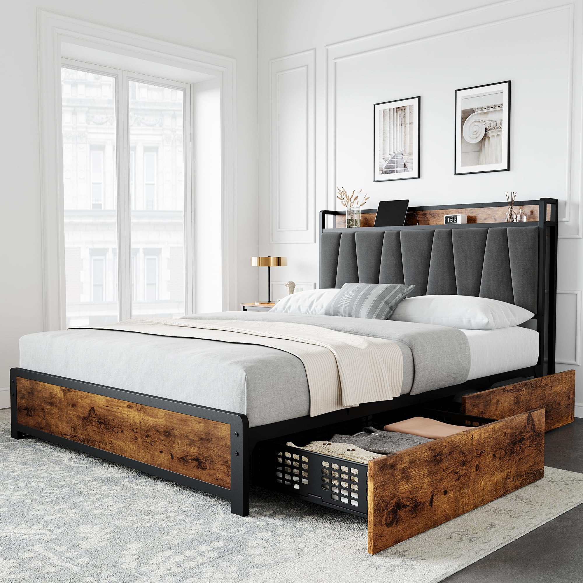 2025 New Bed Frame with Storage Linen Upholstered Headboard, 4 Drawers ...