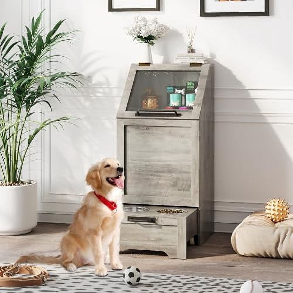 2025 New Dog Feeding Station with Storage Cabinet, 2 Elevated Bowls ...