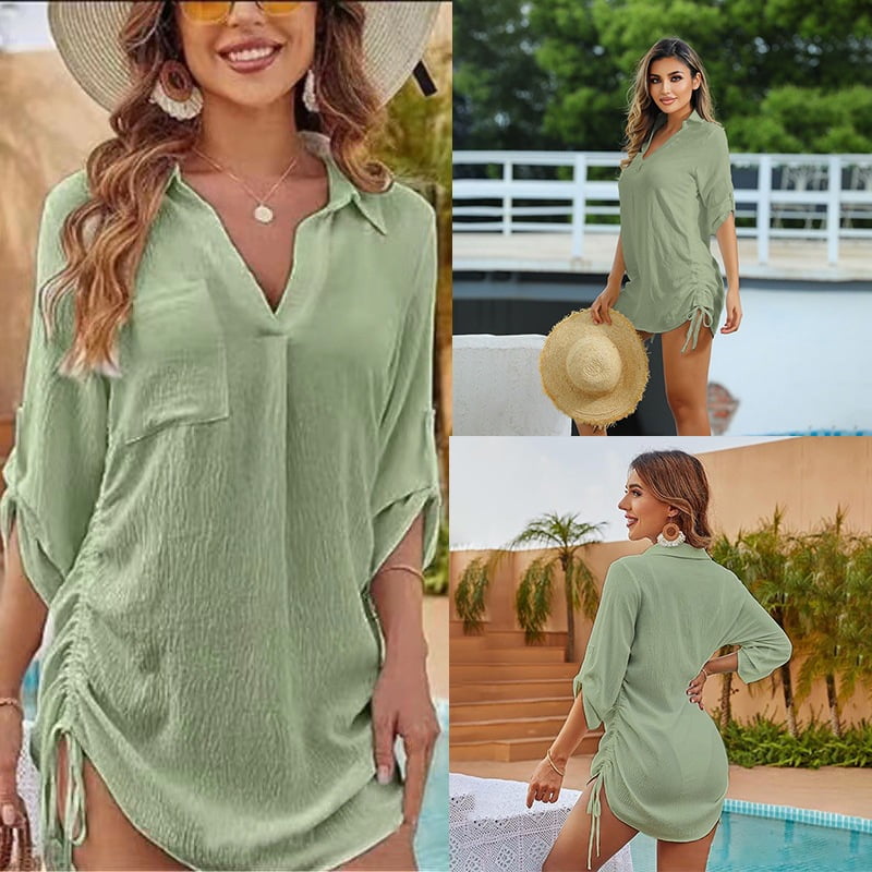 2025 New European and American Drawstring Shirt Collar Beach Jacket Head Bikini Swimsuit Cover ...