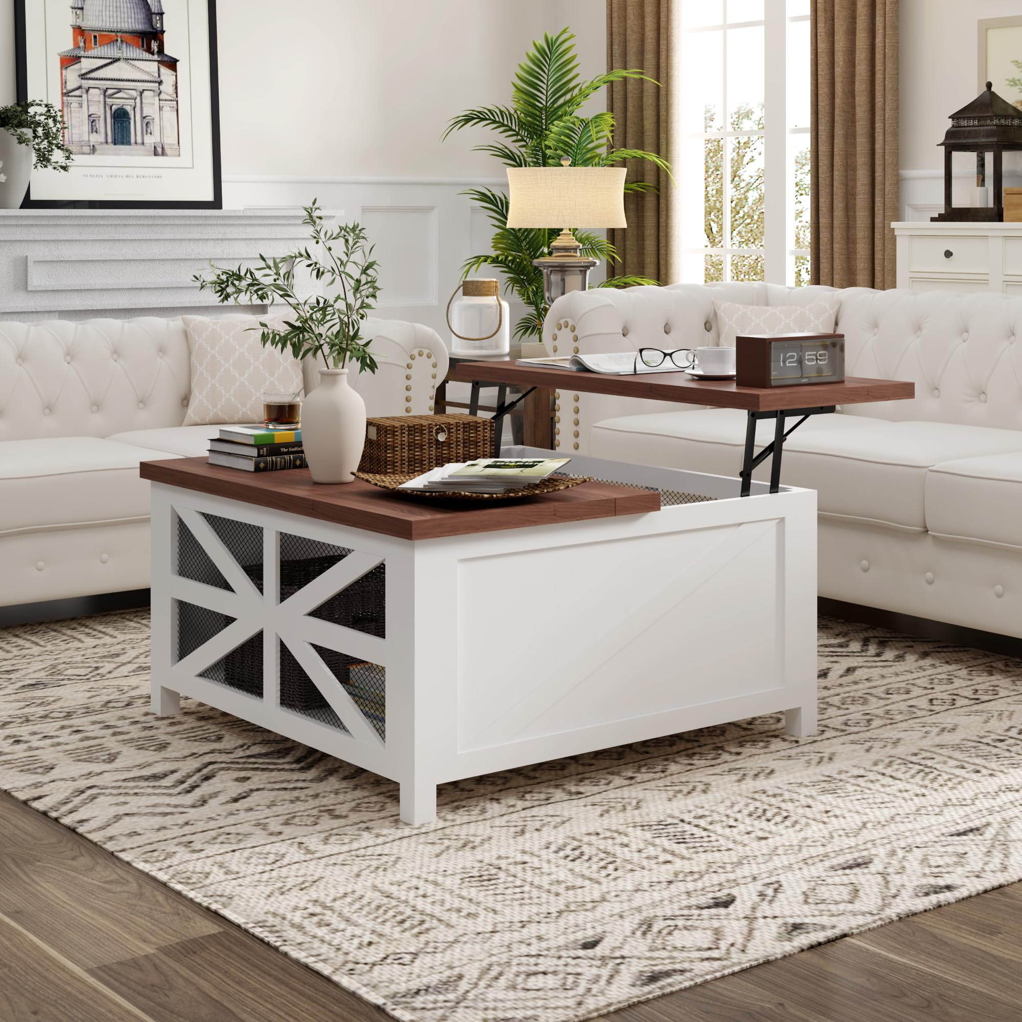 2025 New Farmhouse Coffee Table with Large Hidden Storage, Rustic ...